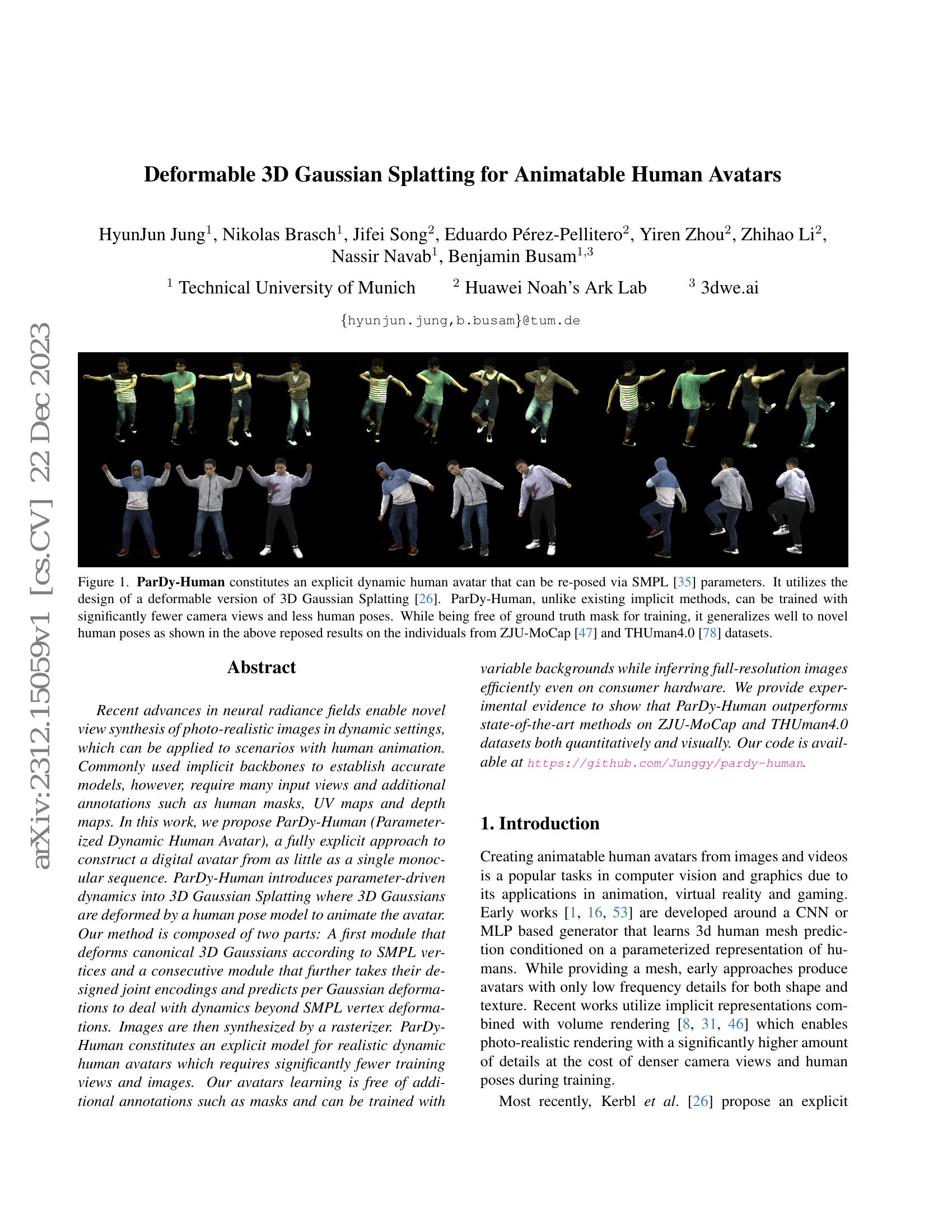 Deformable 3D Gaussian Splatting for Animatable Human Avatars - 智源社区论文