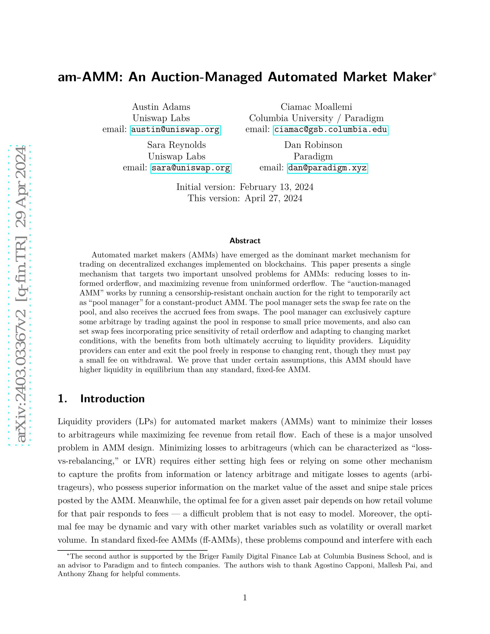 am-AMM: An Auction-Managed Automated Market Maker - 智源社区论文