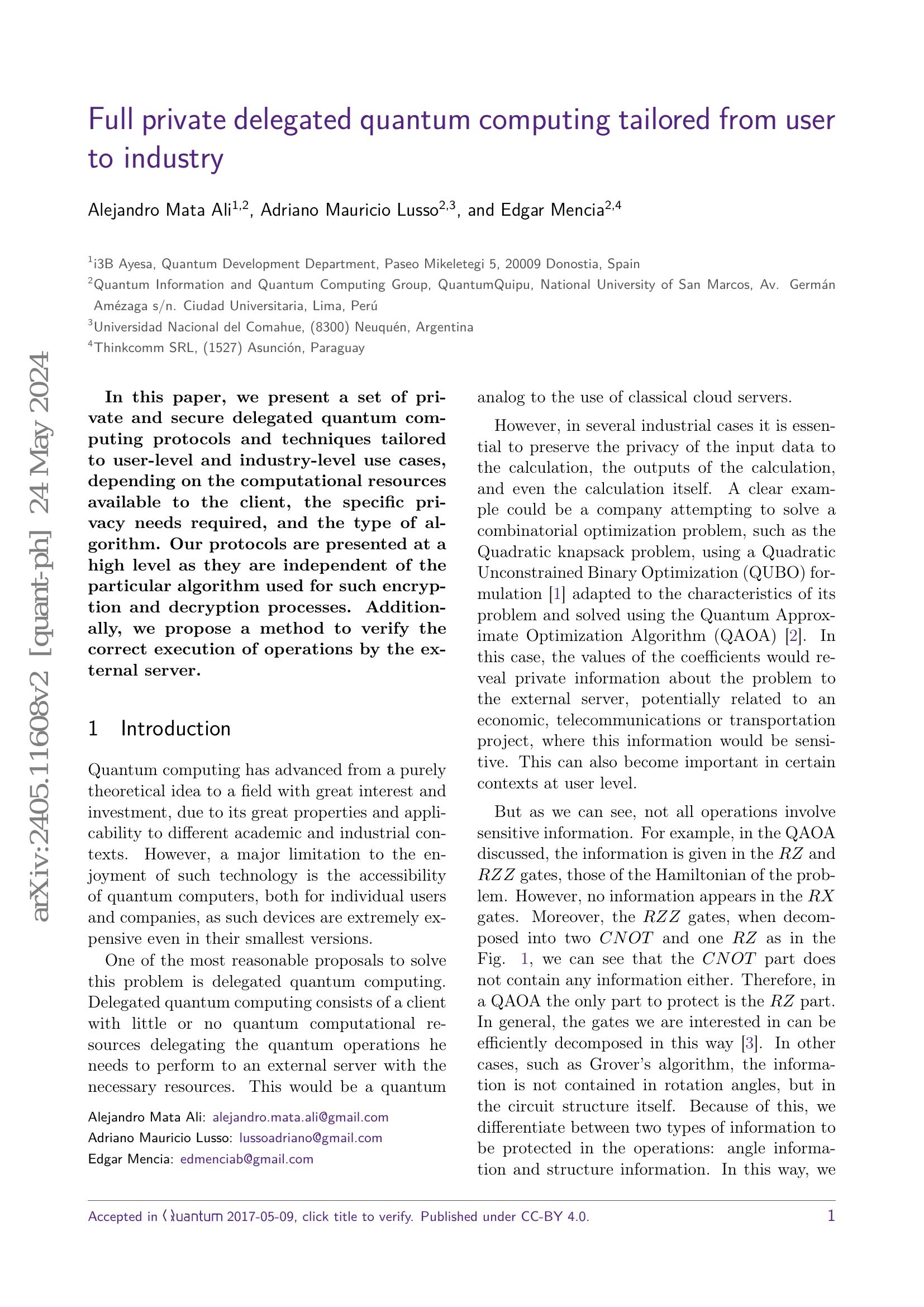 Full private delegated quantum computing tailored from user to industry ...