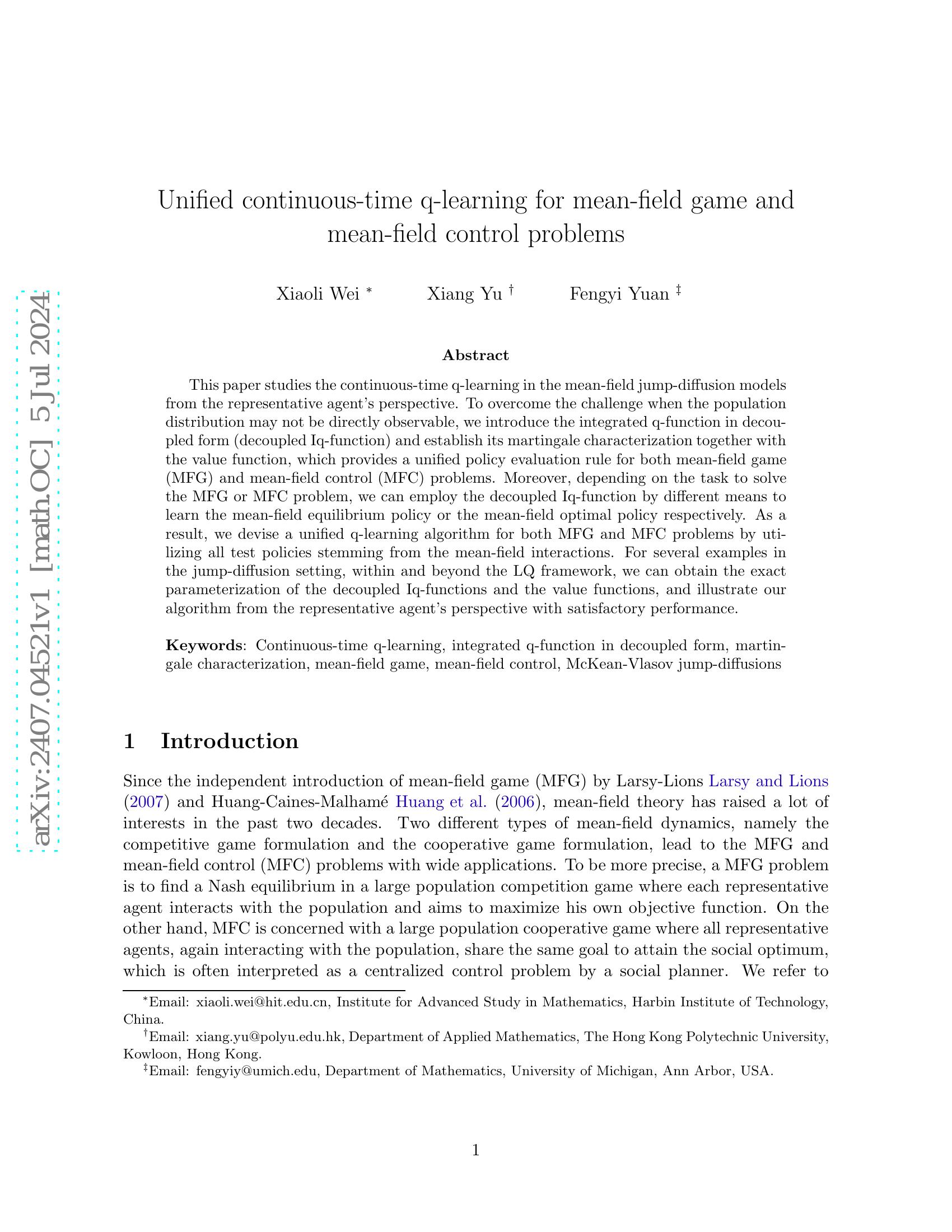Unified continuous-time q-learning for mean-field game and mean-field control problems - 智源社区论文