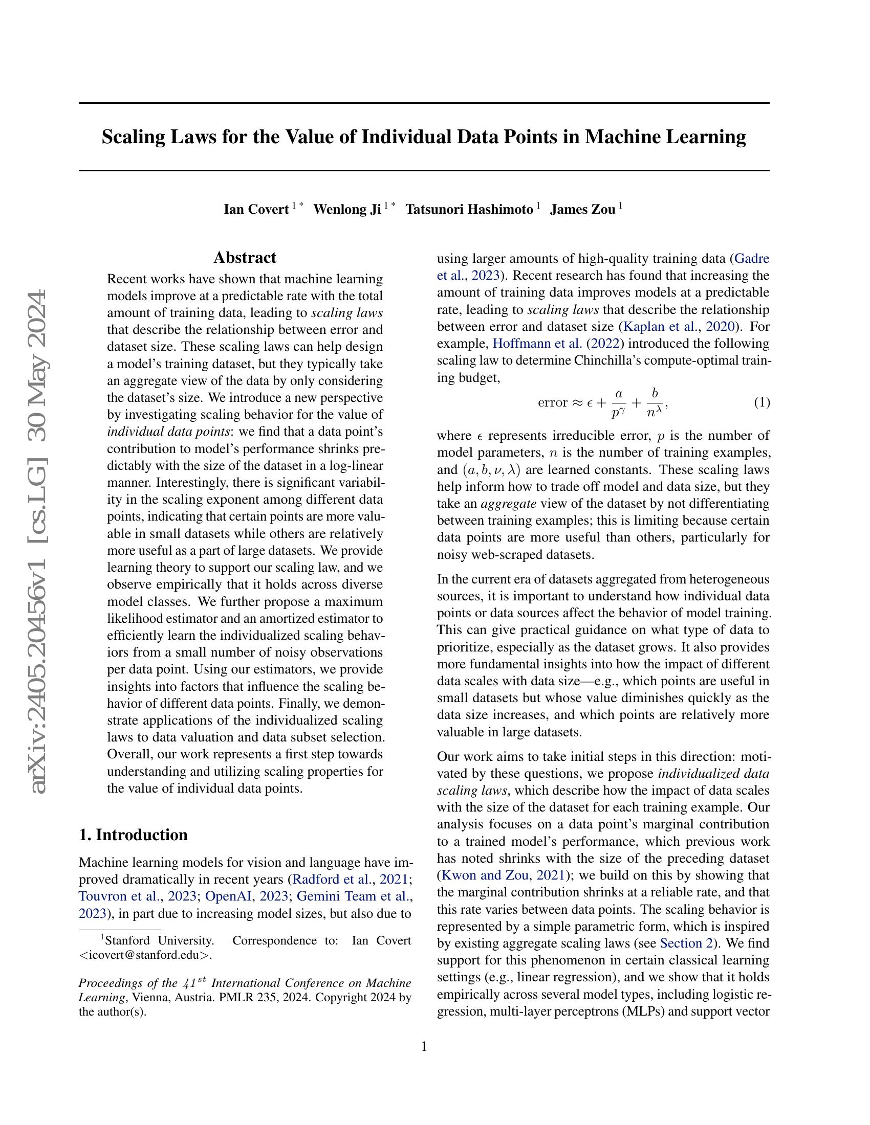 Scaling Laws for the Value of Individual Data Points in Machine ...
