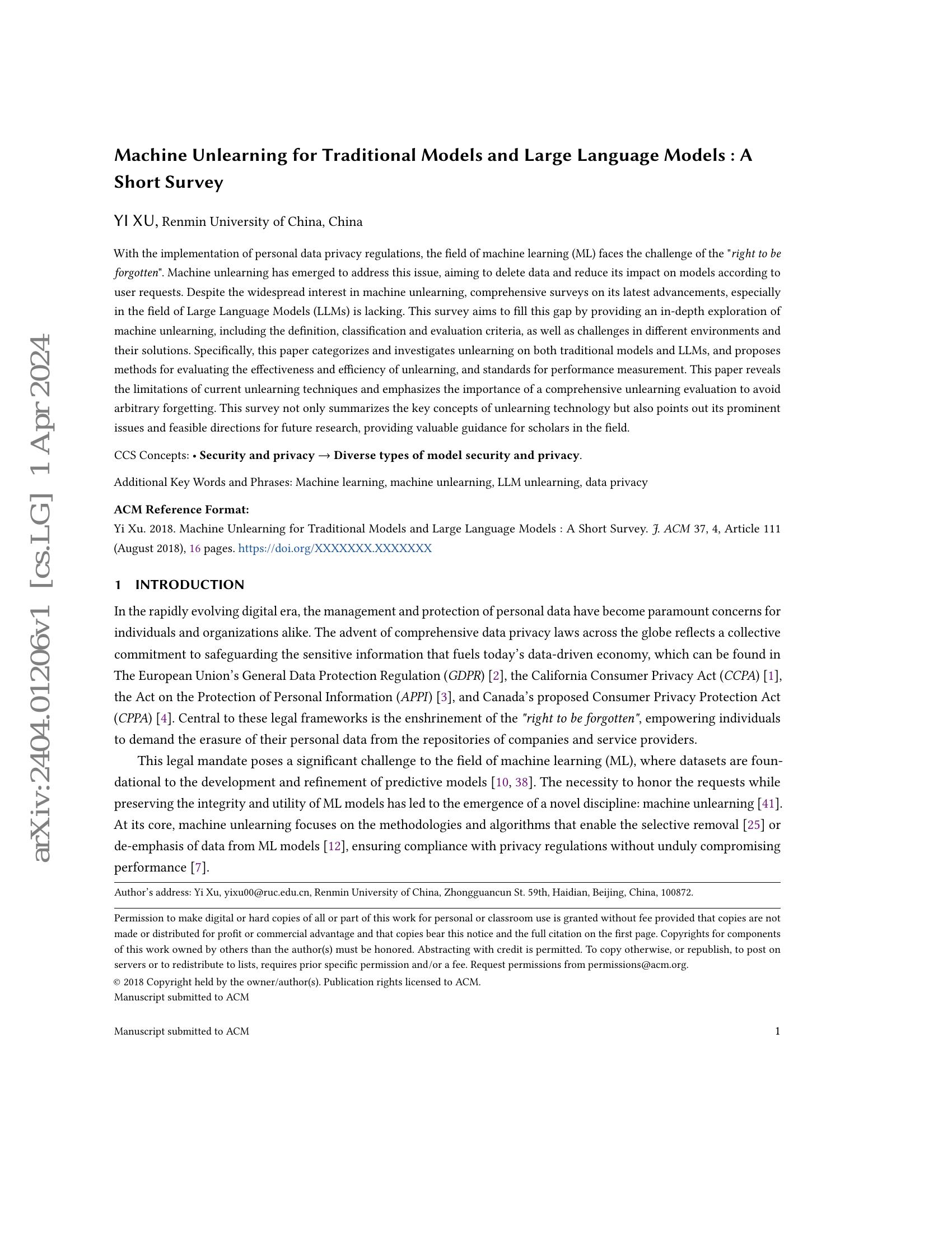 Machine Unlearning for Traditional Models and Large Language Models: A Short Survey - 智源社区论文
