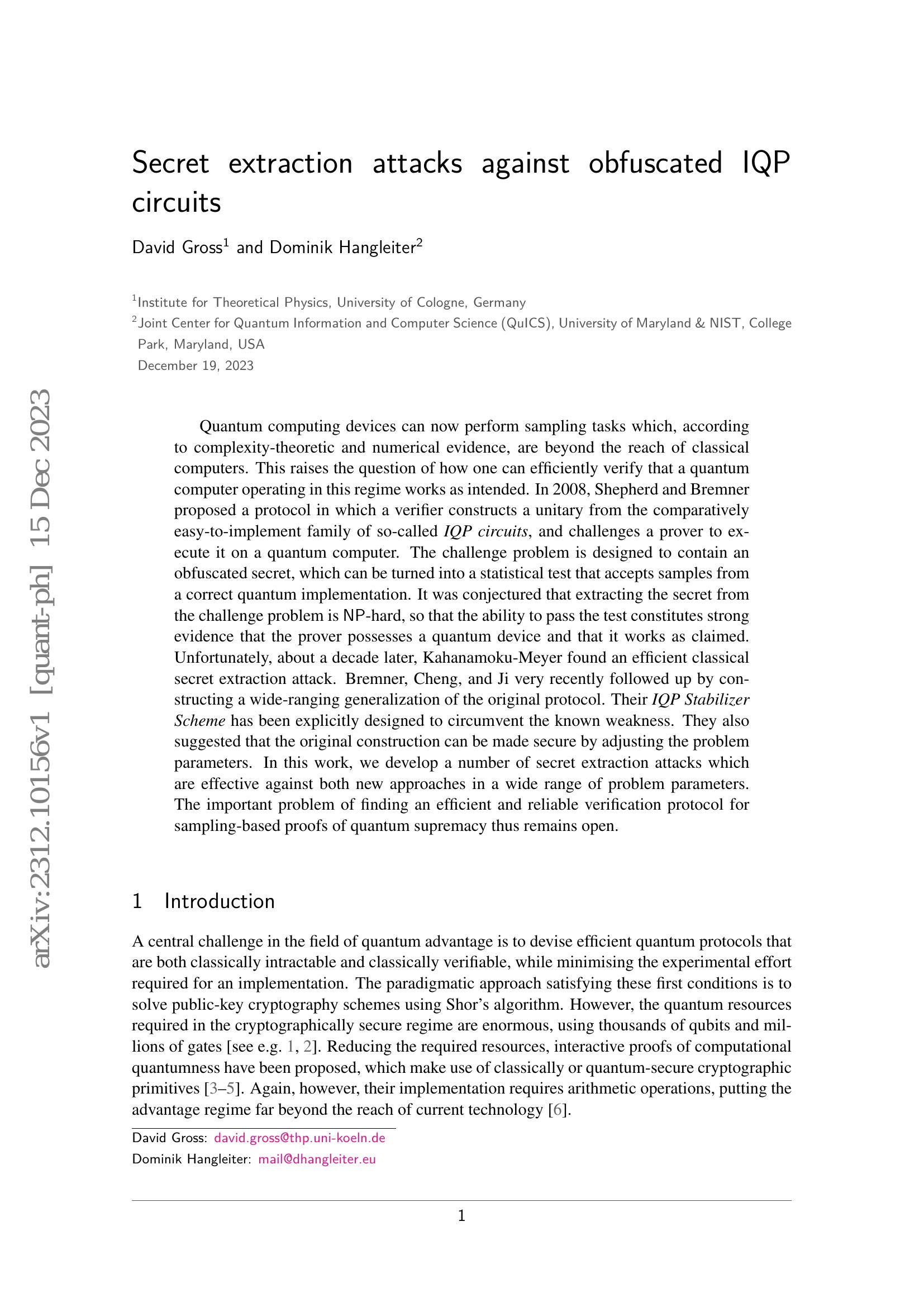 Secret extraction attacks against obfuscated IQP circuits - 智源社区论文