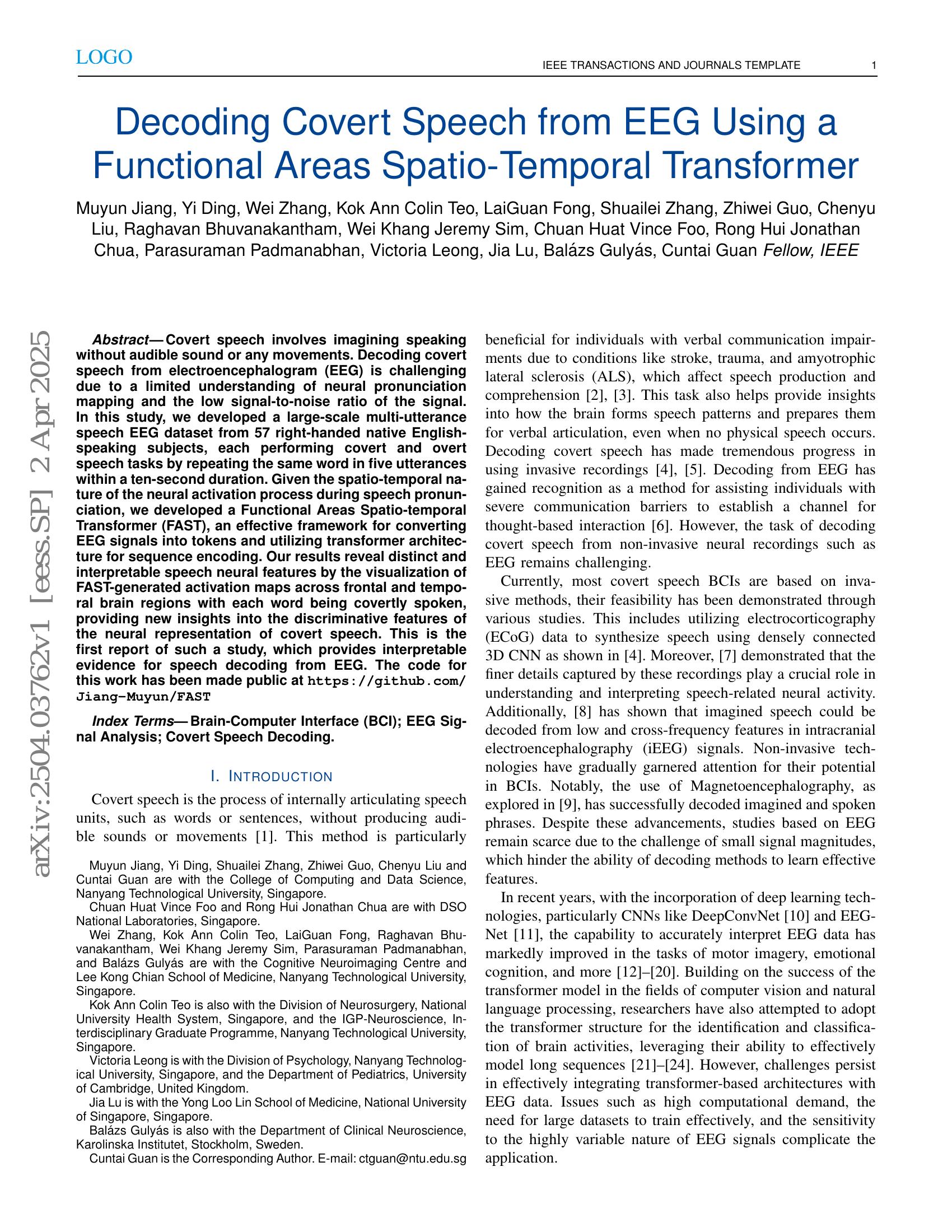 Decoding Covert Speech from EEG Using a Functional Areas Spatio-Temporal Transformer - 智源社区论文