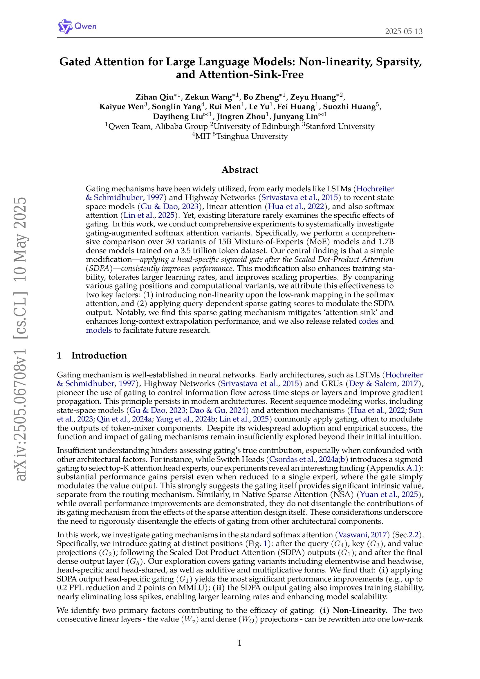 Gated Attention for Large Language Models: Non-linearity, Sparsity, and Attention-Sink-Free - 智源社区论文