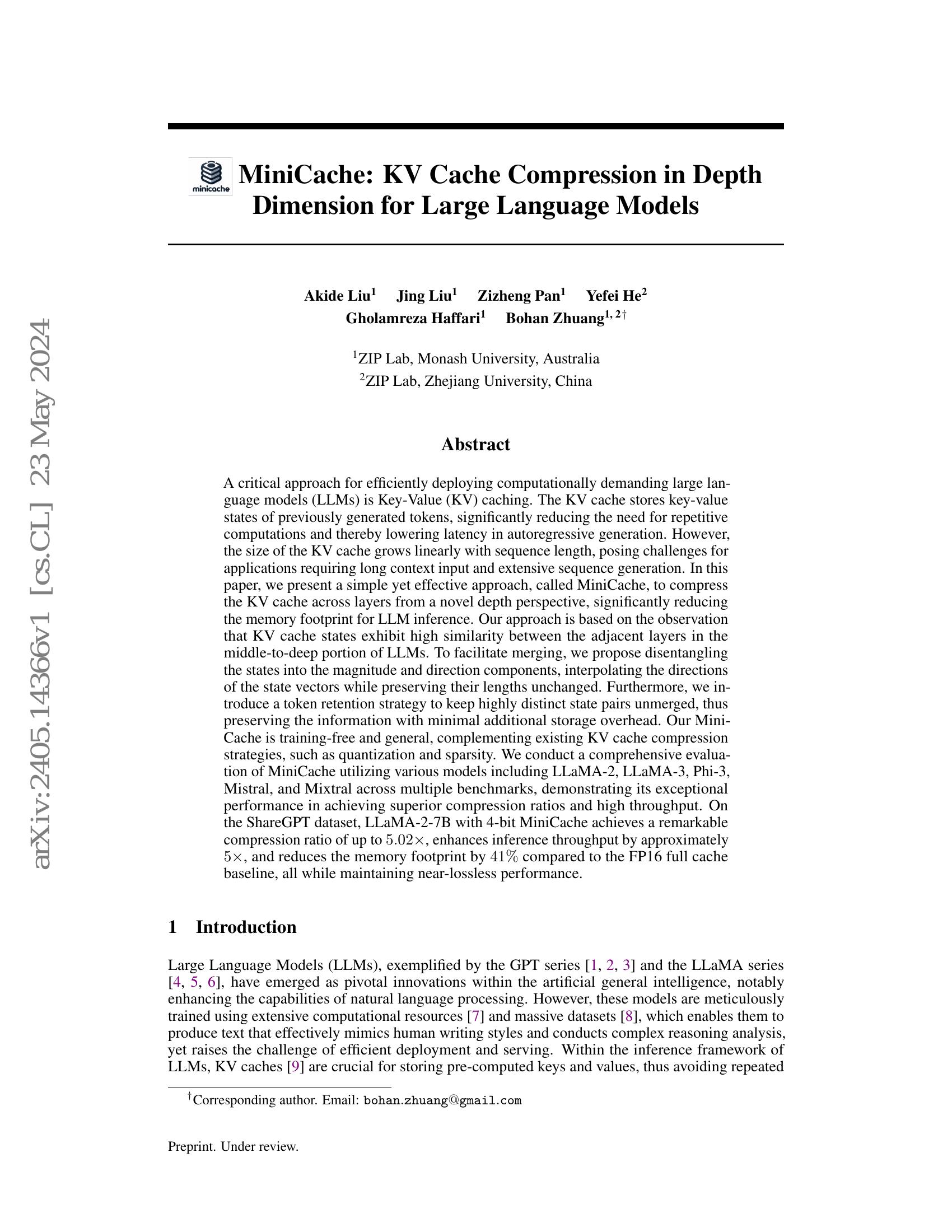 MiniCache: KV Cache Compression in Depth Dimension for Large Language ...