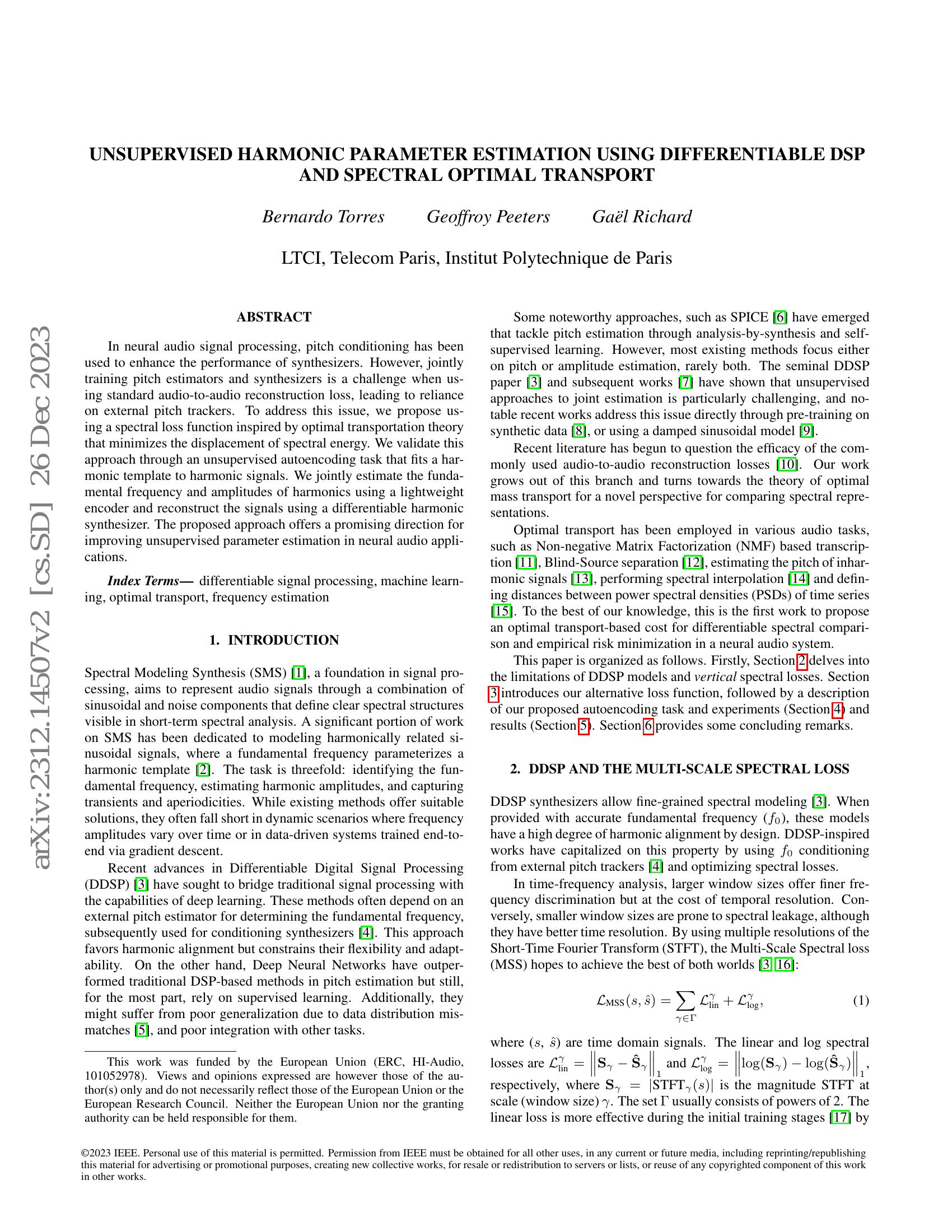 Unsupervised Harmonic Parameter Estimation Using Differentiable DSP and Spectral Optimal ...