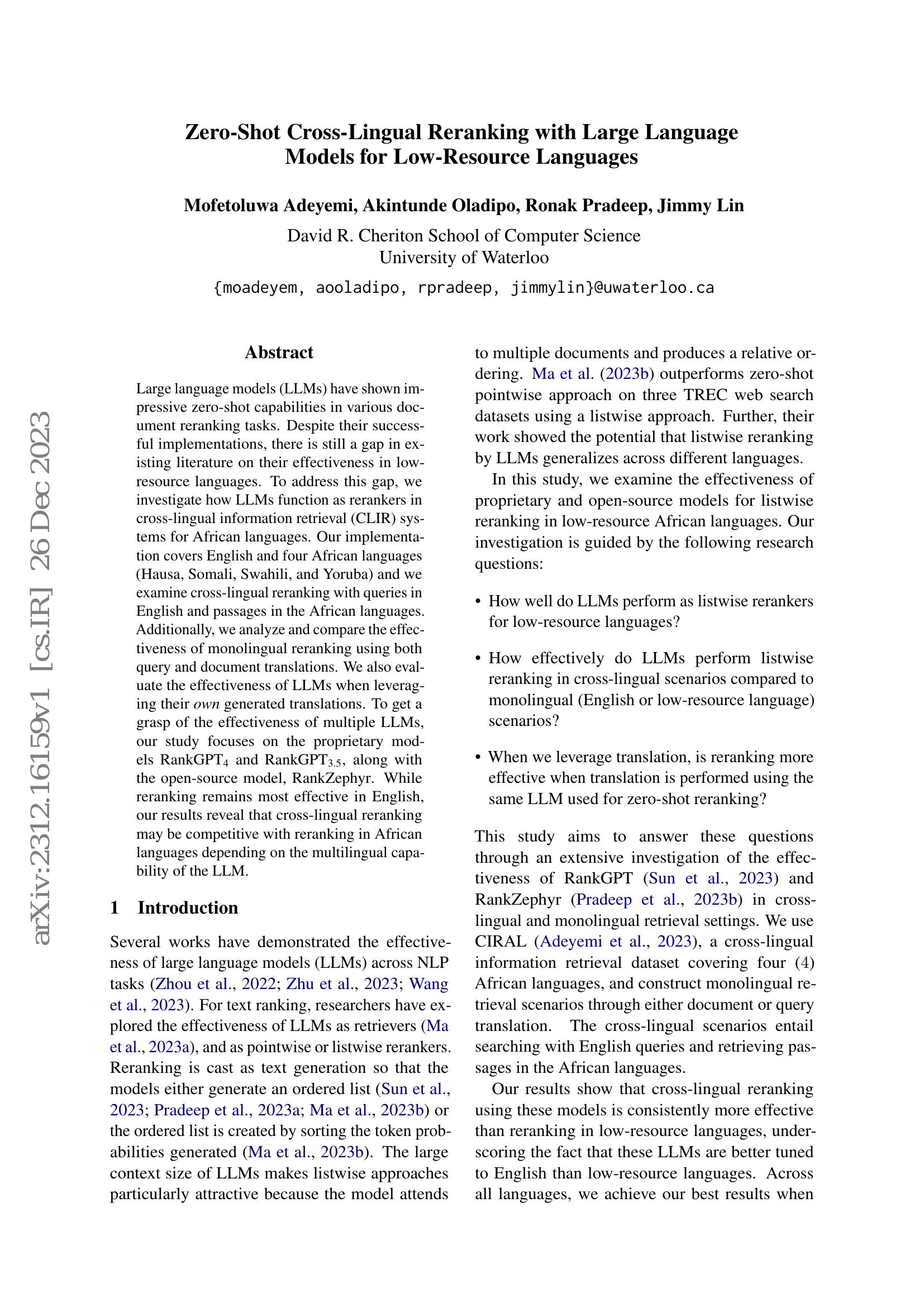 Zero-Shot Cross-Lingual Reranking with Large Language Models for Low-Resource Languages - 智源社区论文