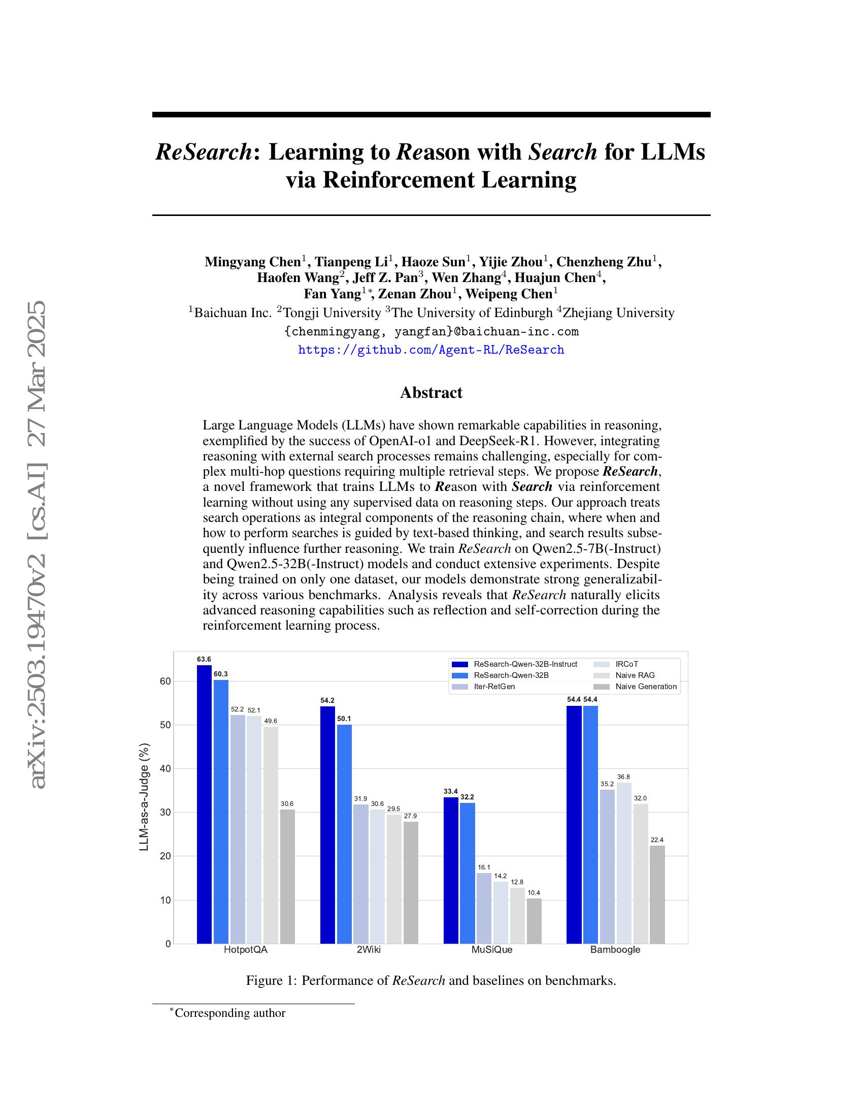 ReSearch: Learning to Reason with Search for LLMs via Reinforcement Learning - 智源社区论文
