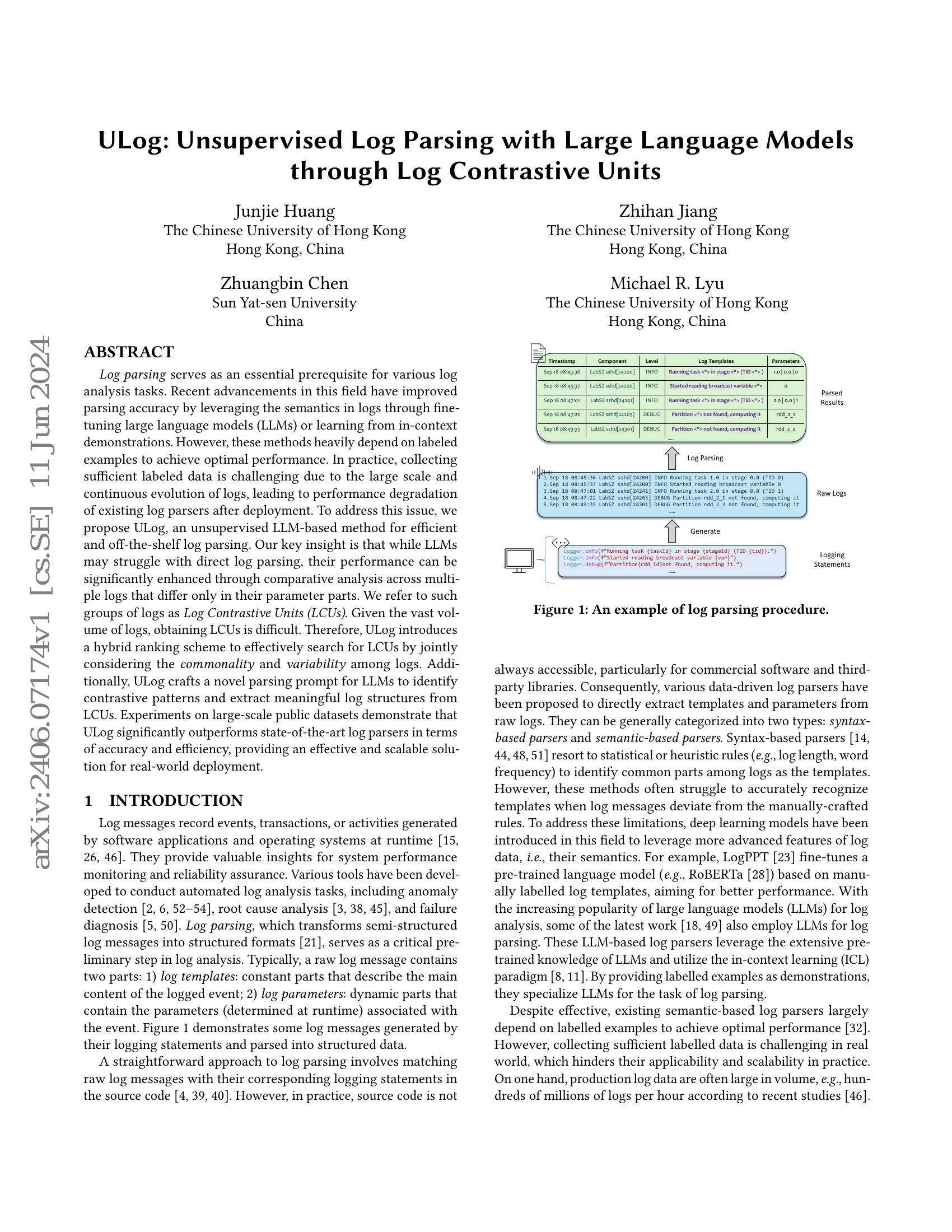 ULog: Unsupervised Log Parsing with Large Language Models through Log Contrastive Units - 智源社区论文