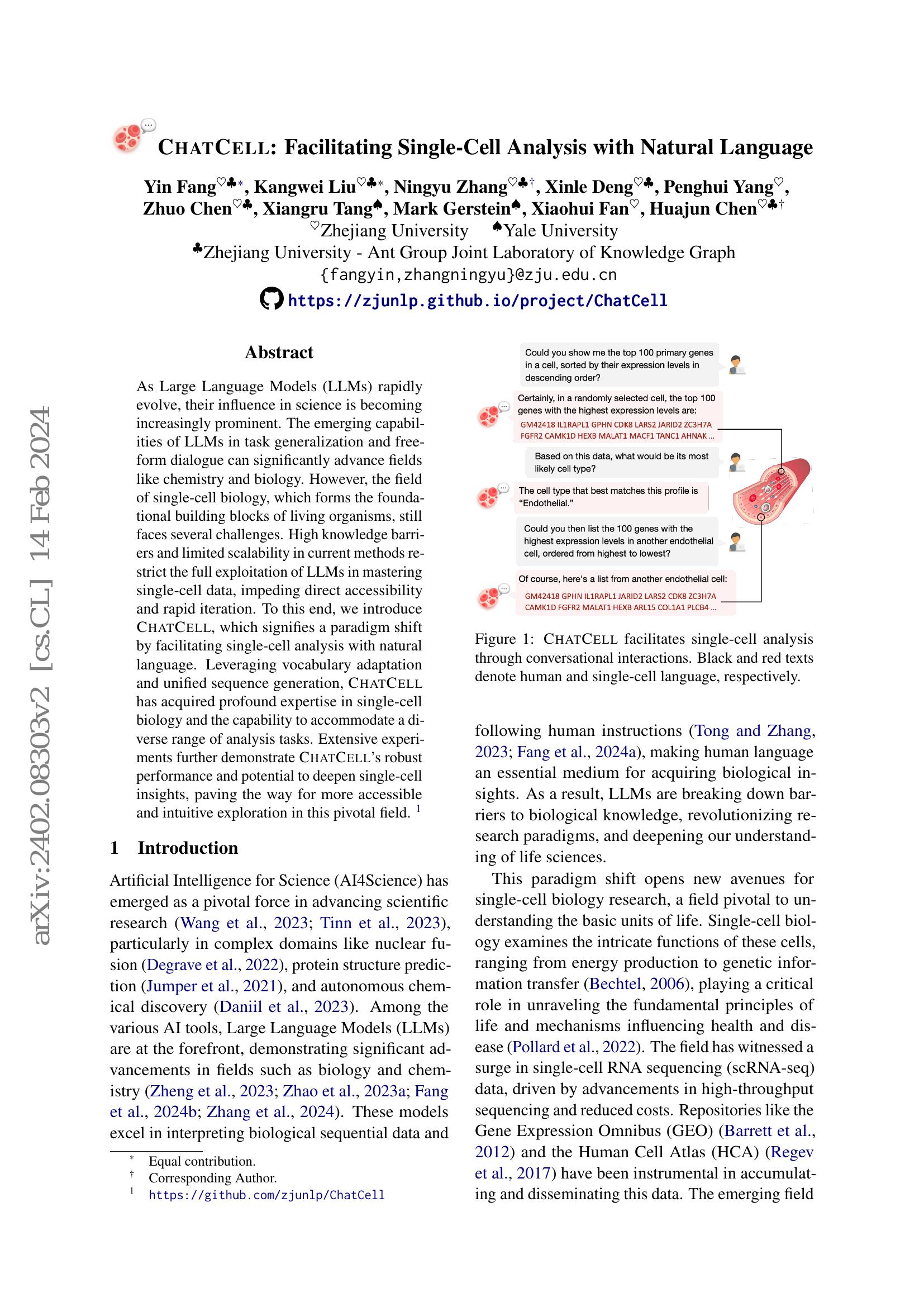ChatCell: Facilitating Single-Cell Analysis with Natural Language - 智源社区论文