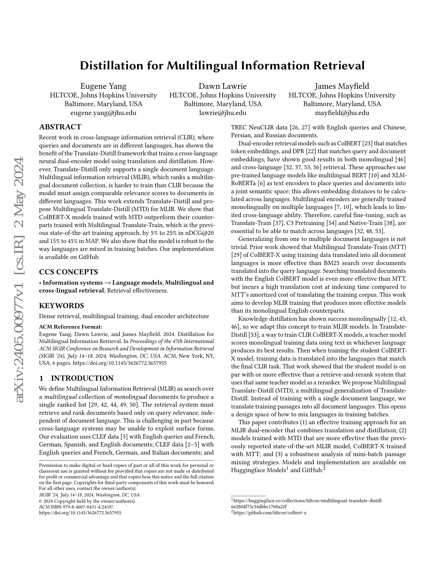 Distillation for Multilingual Information Retrieval - 智源社区论文