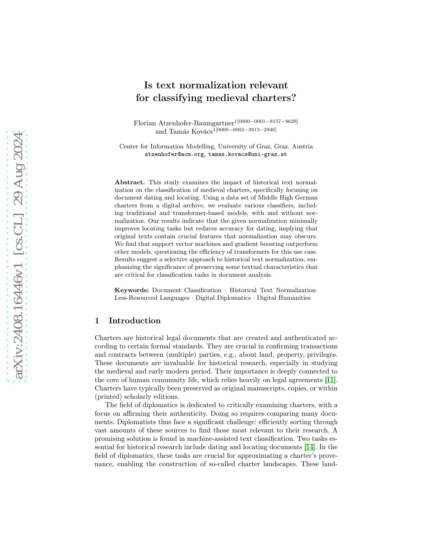 Is text normalization relevant for classifying medieval charters? - 智源社区论文