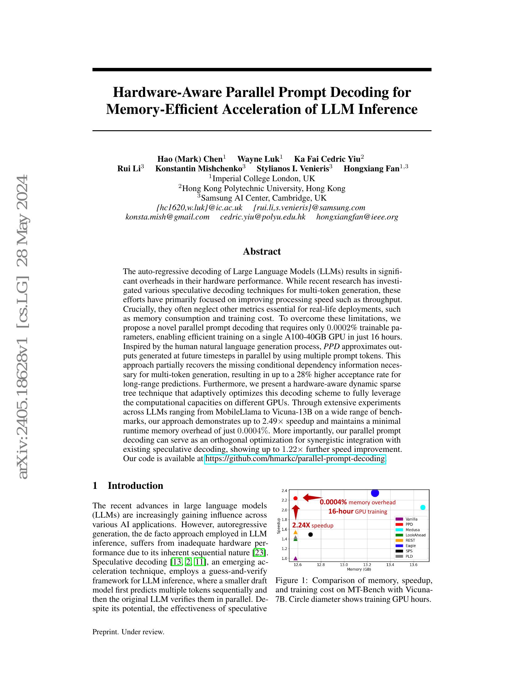 Hardware-Aware Parallel Prompt Decoding for Memory-Efficient Acceleration of LLM Inference - 智源社区论文