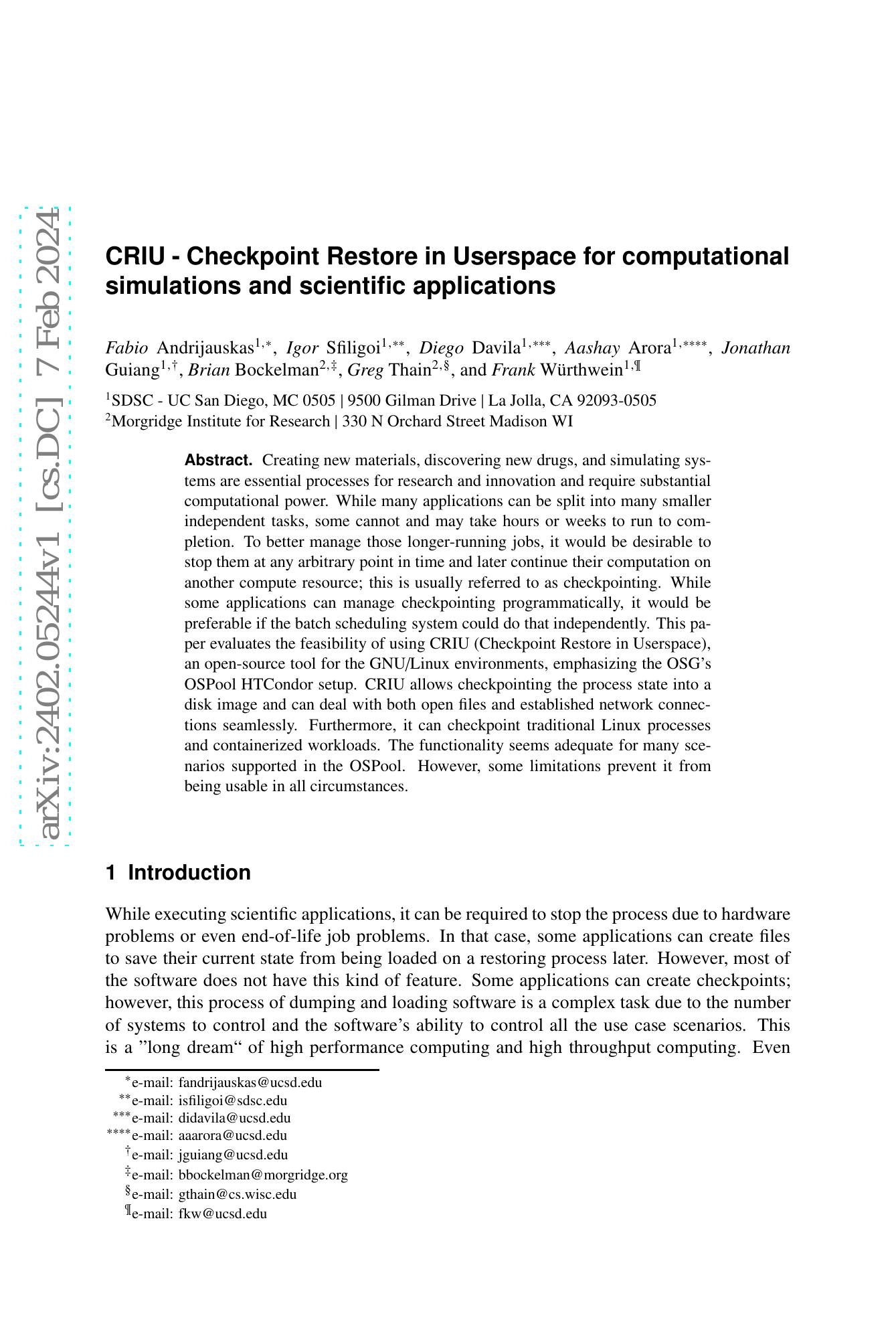CRIU -- Checkpoint Restore in Userspace for computational simulations and scientific ...