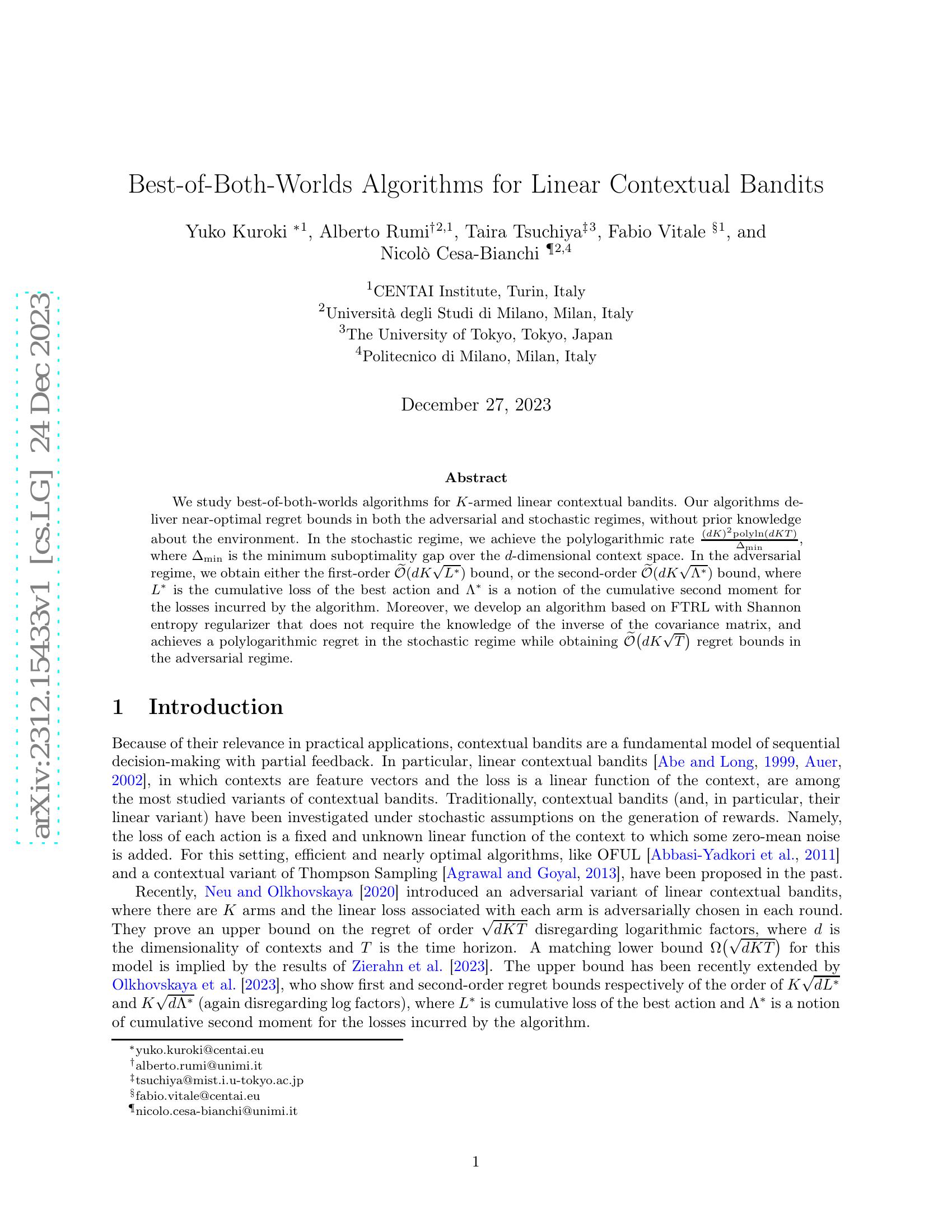 Best-of-Both-Worlds Algorithms for Linear Contextual Bandits - 智源社区论文