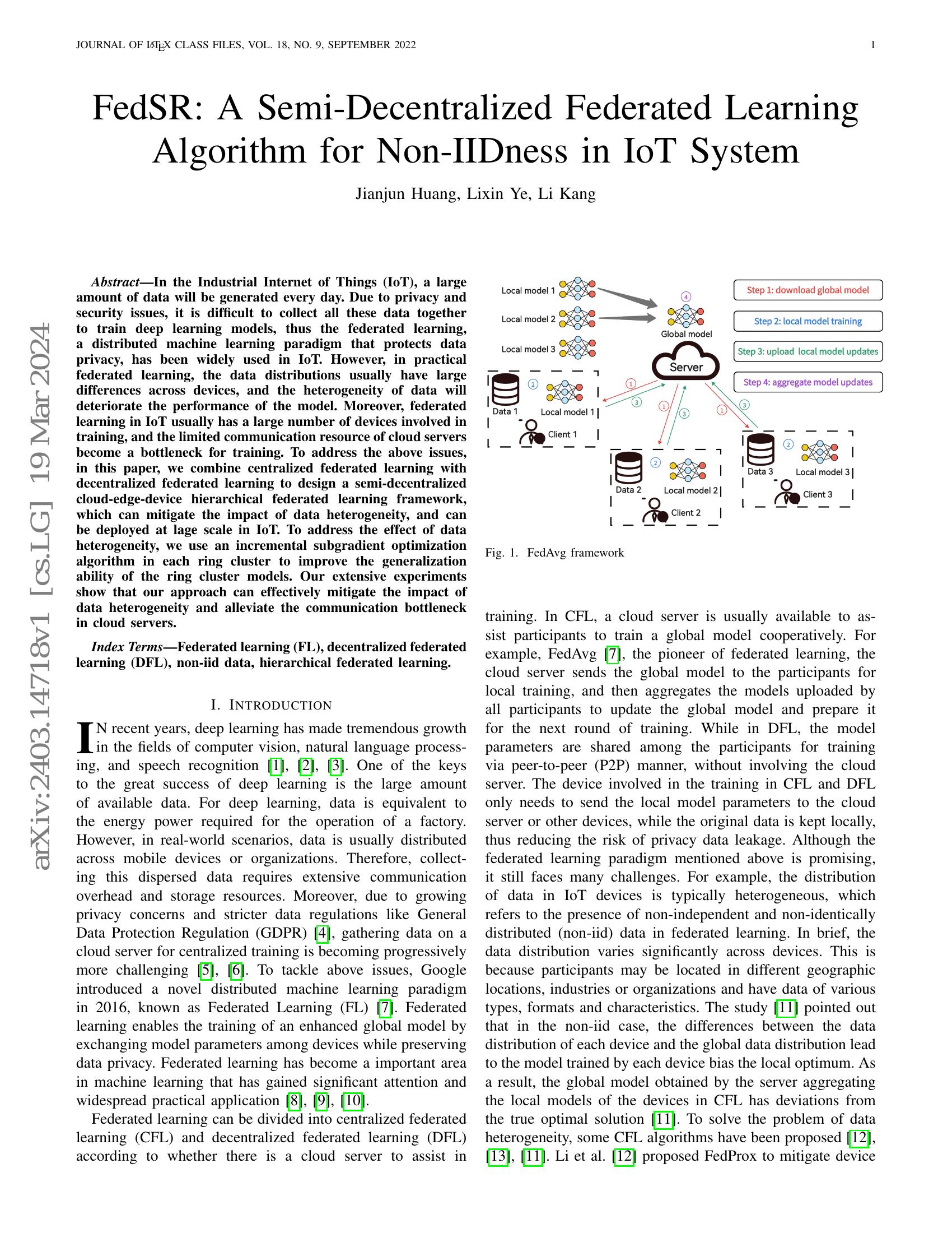 FedSR: A Semi-Decentralized Federated Learning Algorithm for Non-IIDness in IoT System - 智源社区论文