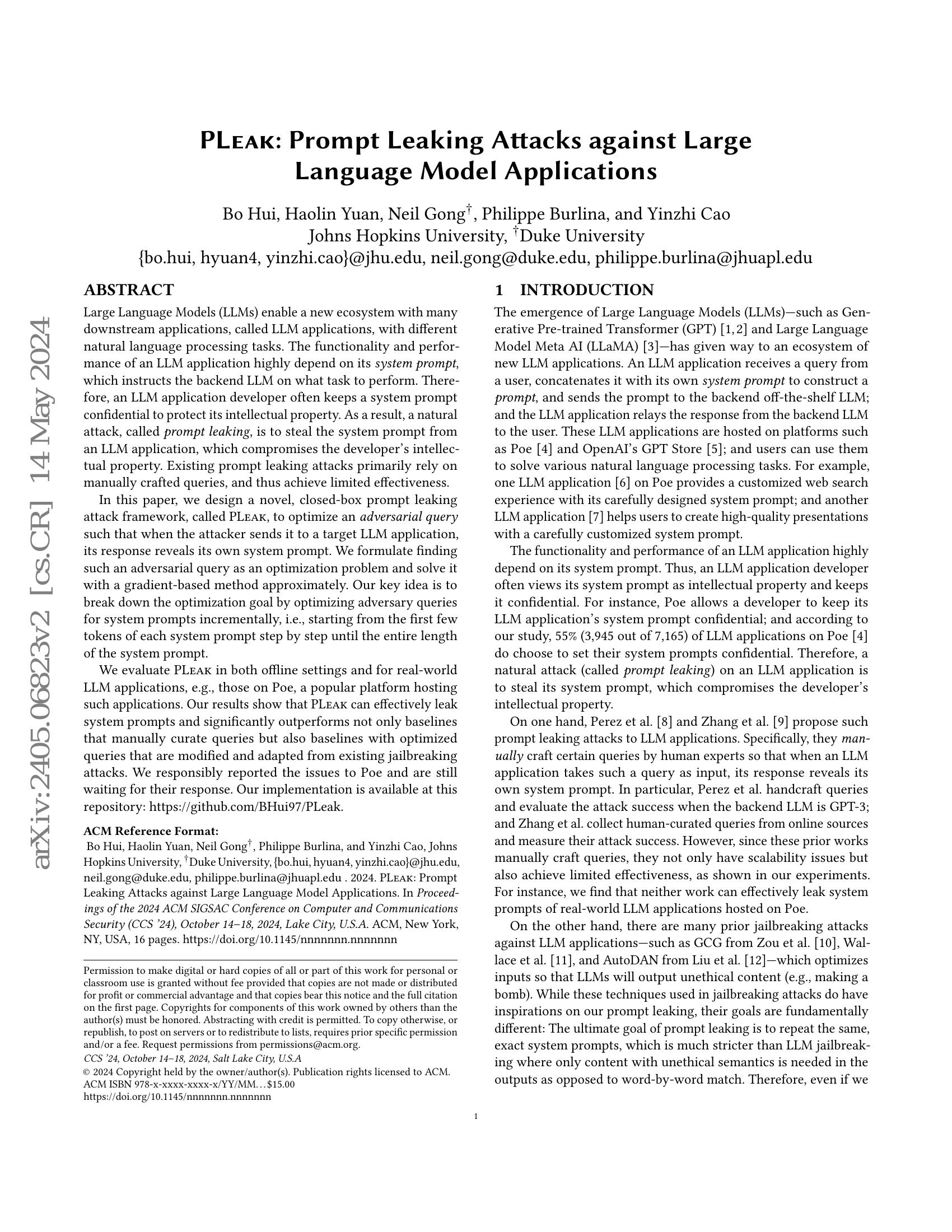 PLeak: Prompt Leaking Attacks against Large Language Model Applications ...