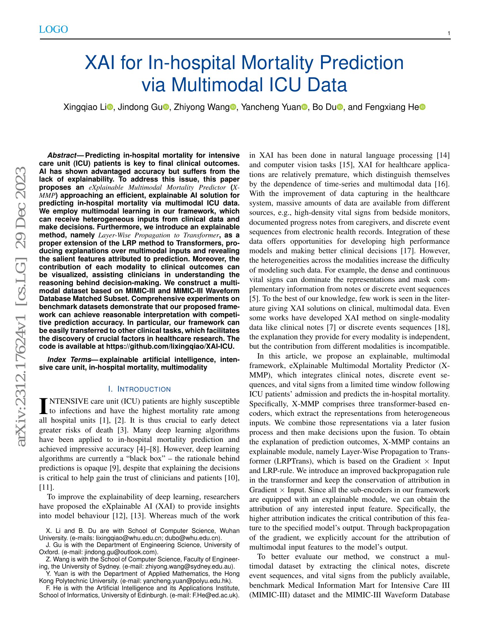 XAI for In-hospital Mortality Prediction via Multimodal ICU Data - 智源社区论文