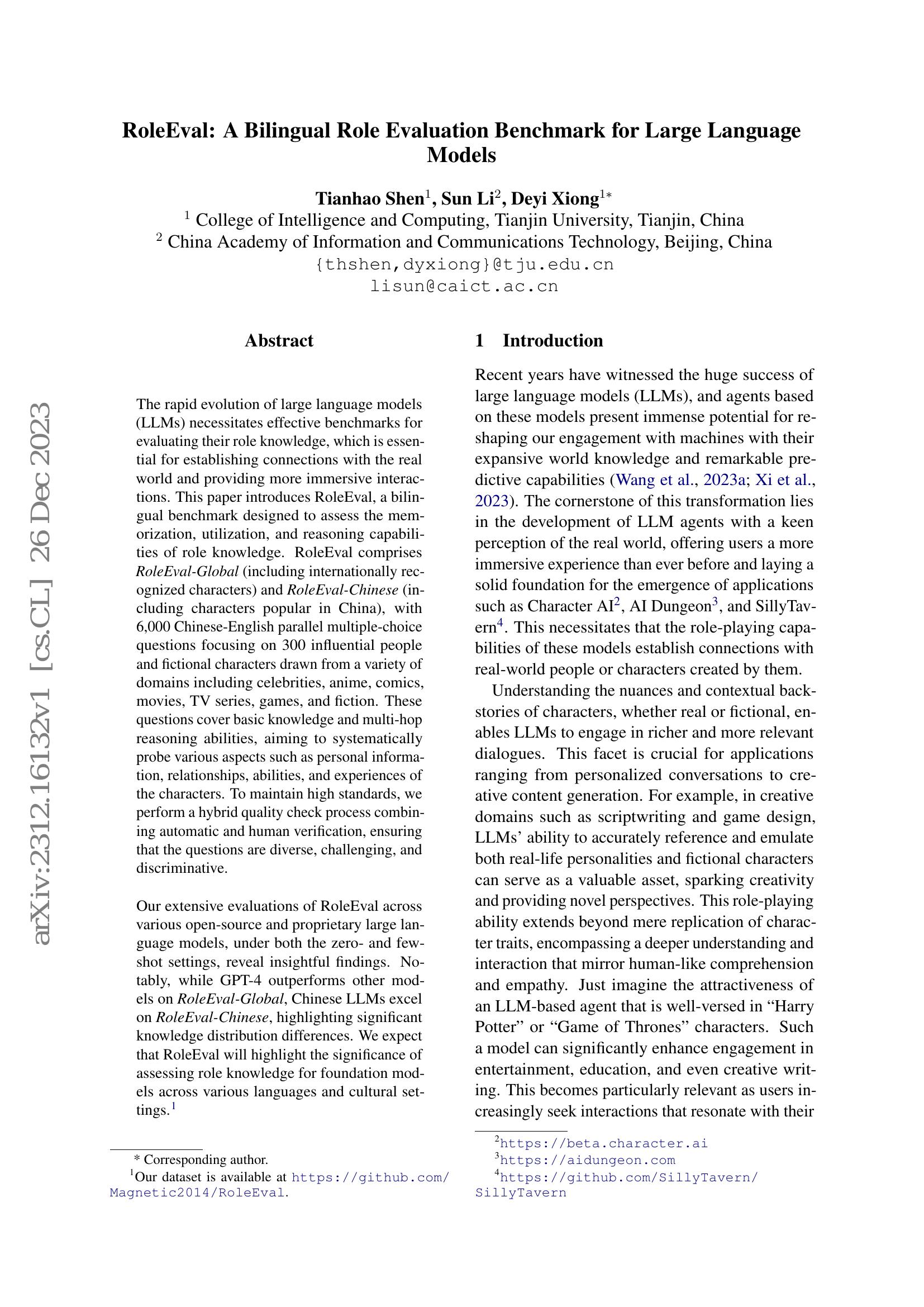 RoleEval: A Bilingual Role Evaluation Benchmark for Large Language ...
