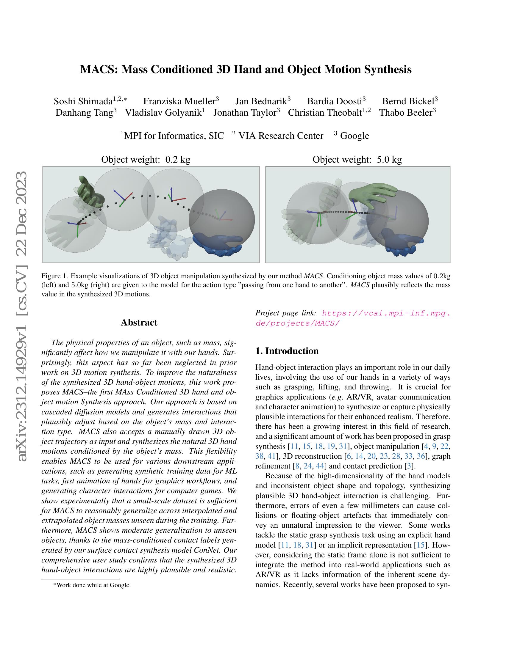 MACS: Mass Conditioned 3D Hand and Object Motion Synthesis - 智源社区论文