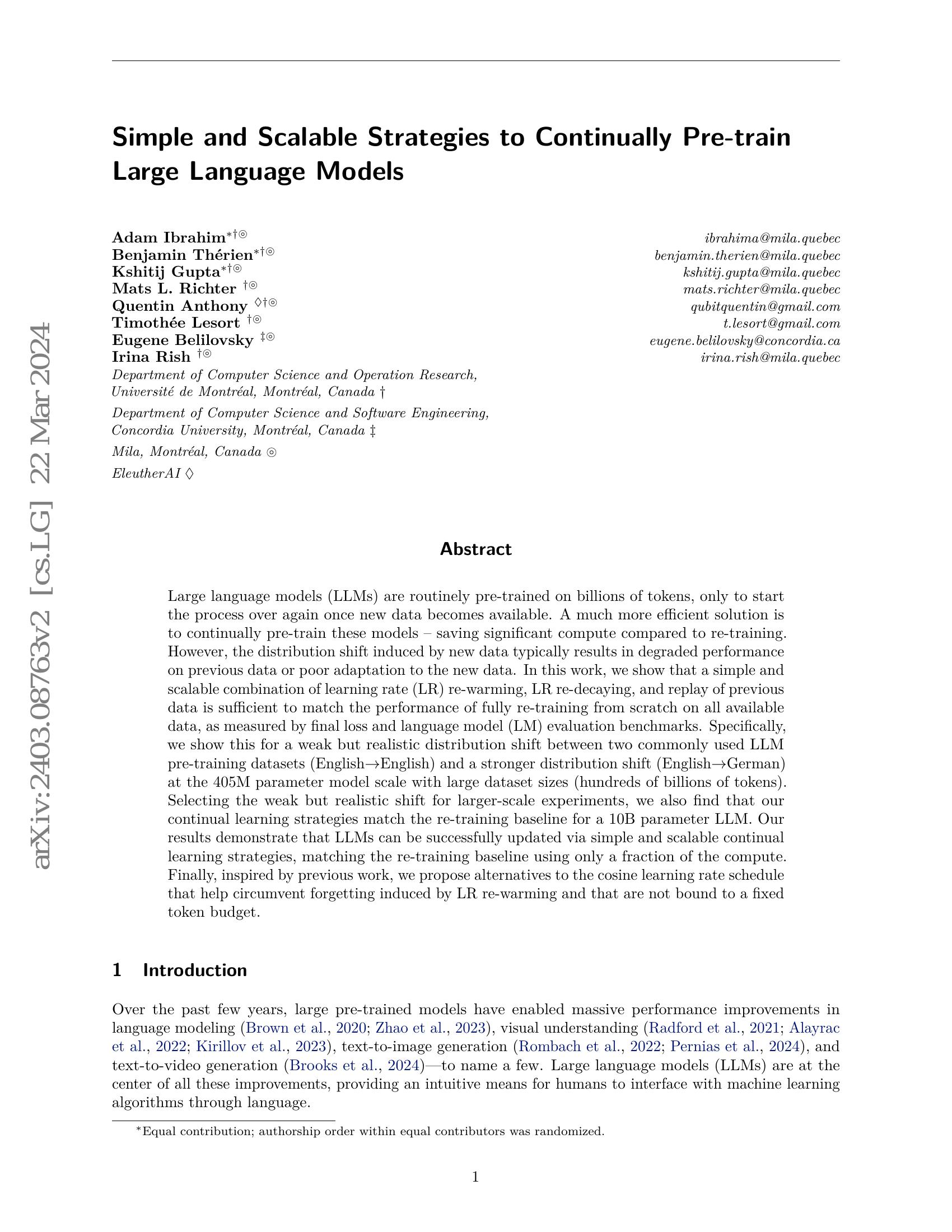 Simple and Scalable Strategies to Continually Pre-train Large Language ...