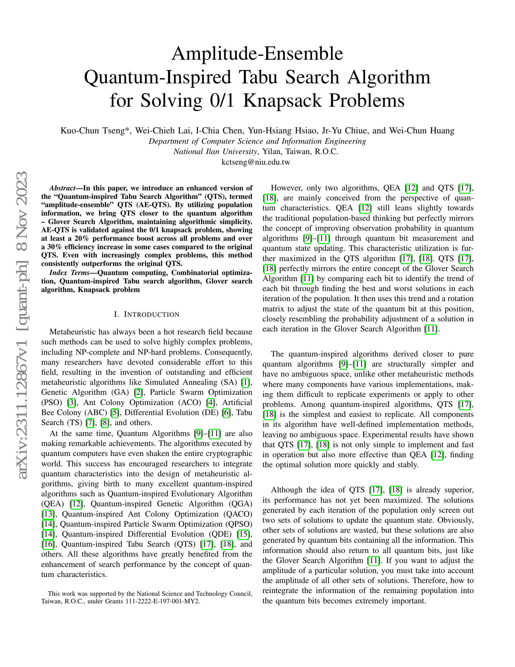 Amplitude-Ensemble Quantum-Inspired Tabu Search Algorithm for Solving 0/1 Knapsack Problems - 智源社区论文