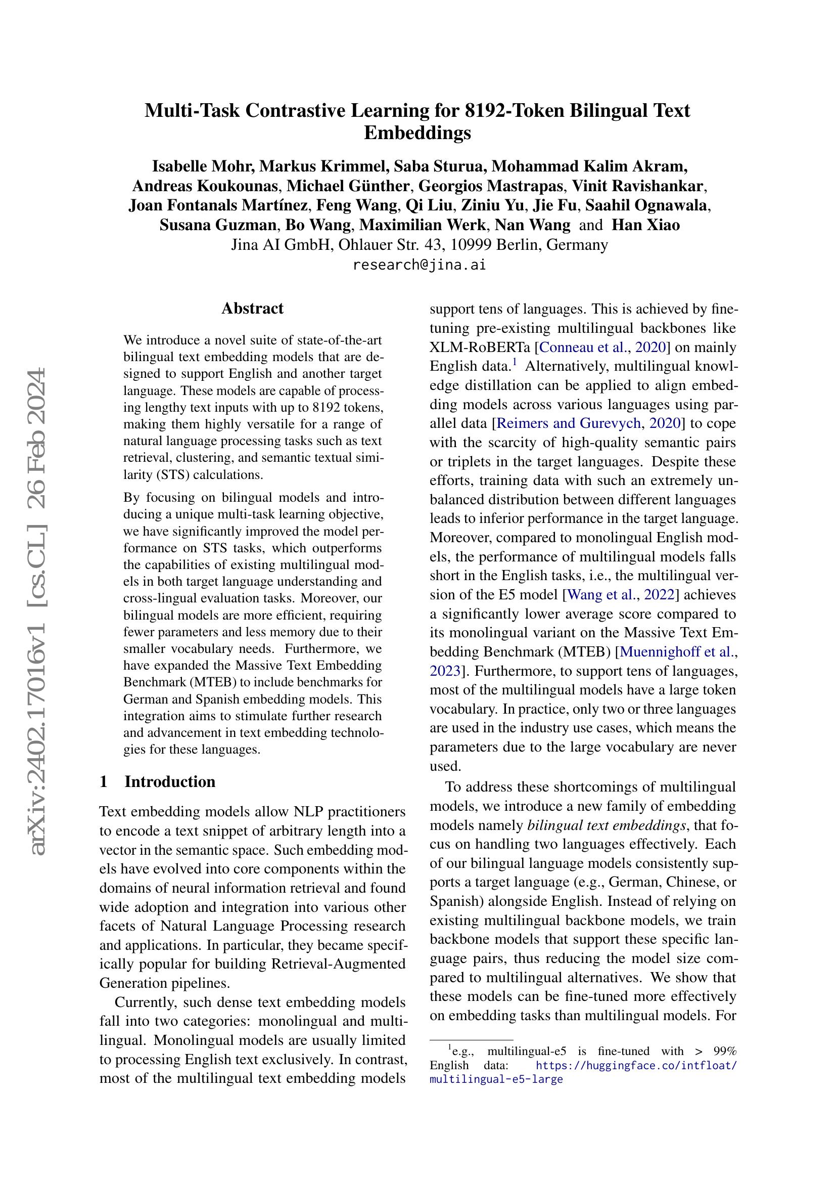 Multi-Task Contrastive Learning for 8192-Token Bilingual Text Embeddings - 智源社区论文