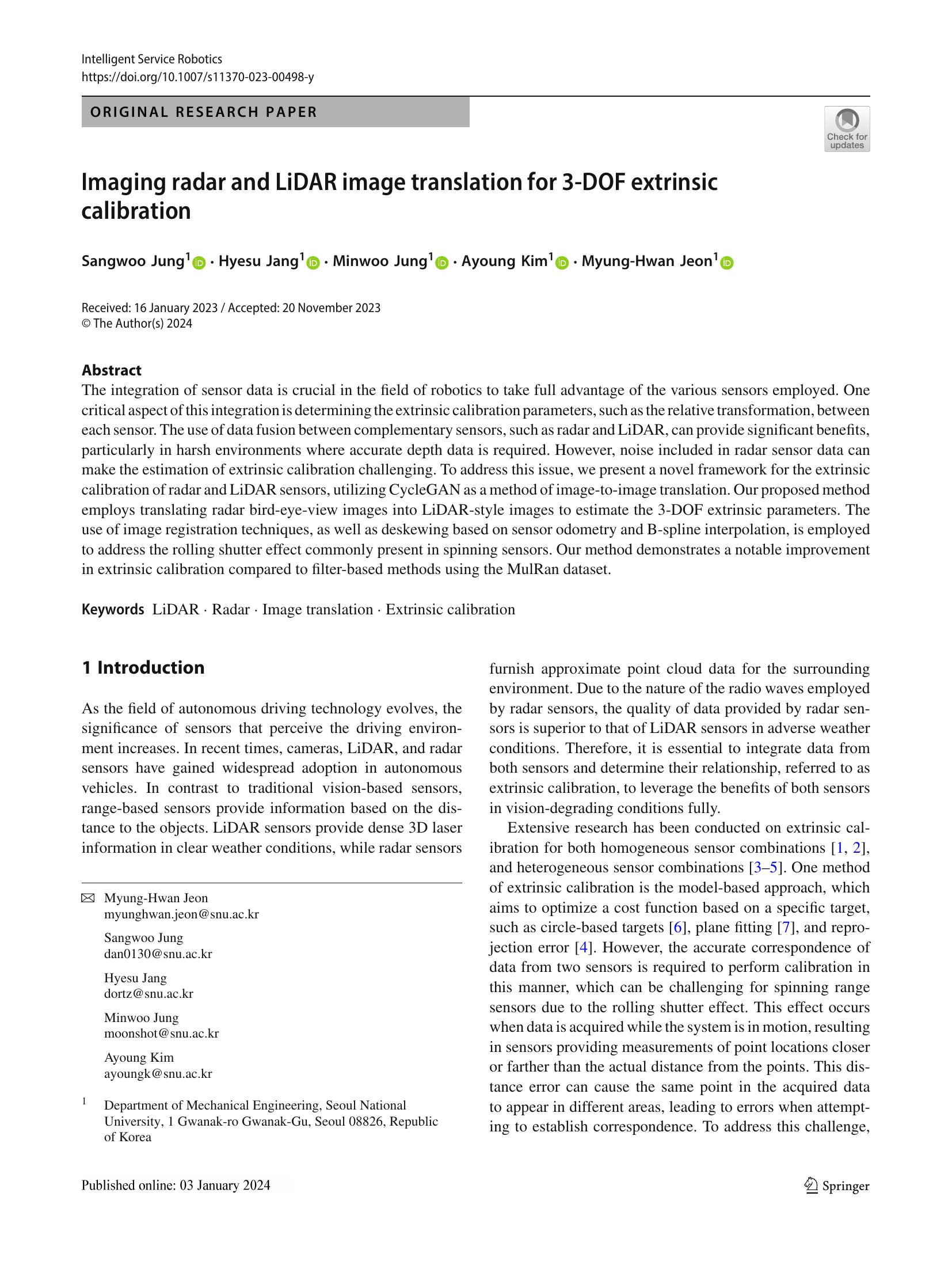 Imaging radar and LiDAR image translation for 3-DOF extrinsic ...