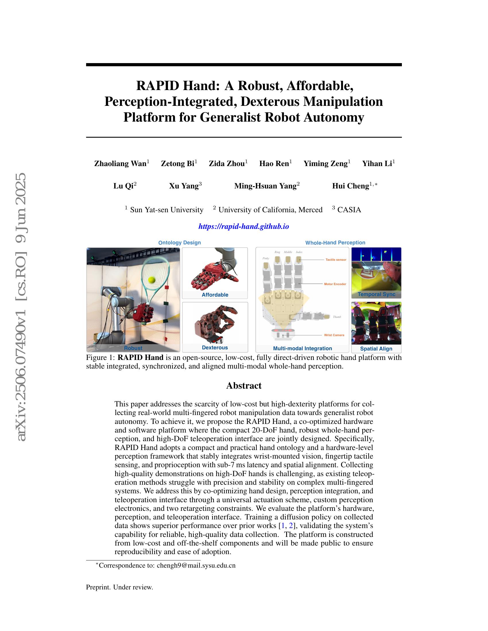 RAPID Hand: A Robust, Affordable, Perception-Integrated, Dexterous Manipulation Platform for ...