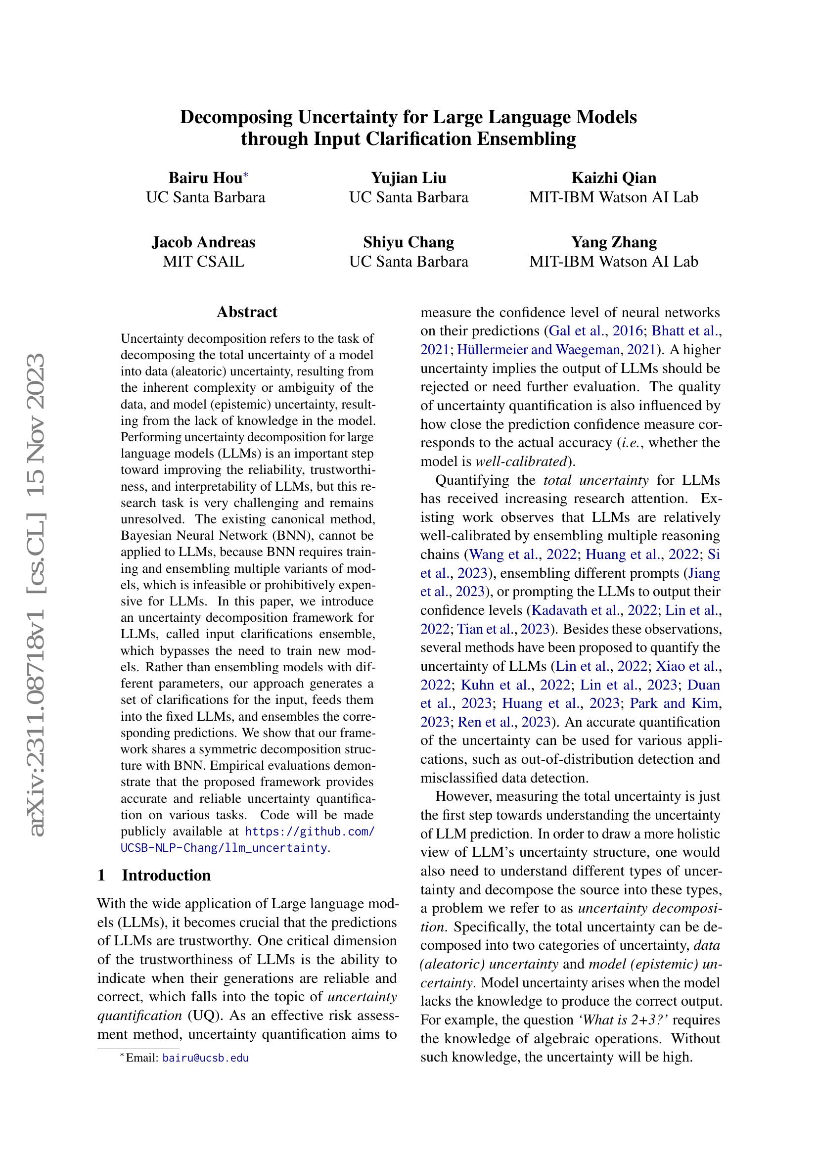 Decomposing Uncertainty for Large Language Models through Input Clarification Ensembling - 智源社区论文