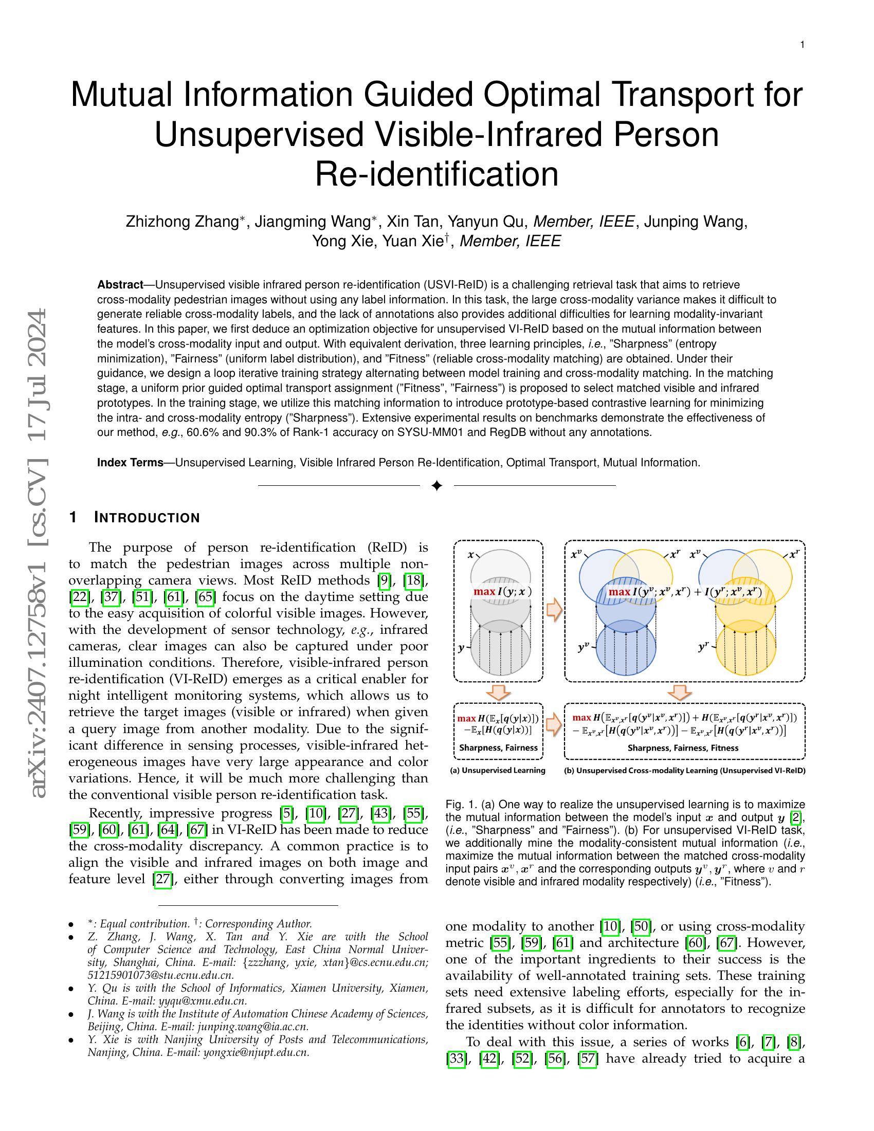 Mutual Information Guided Optimal Transport for Unsupervised Visible-Infrared Person Re ...