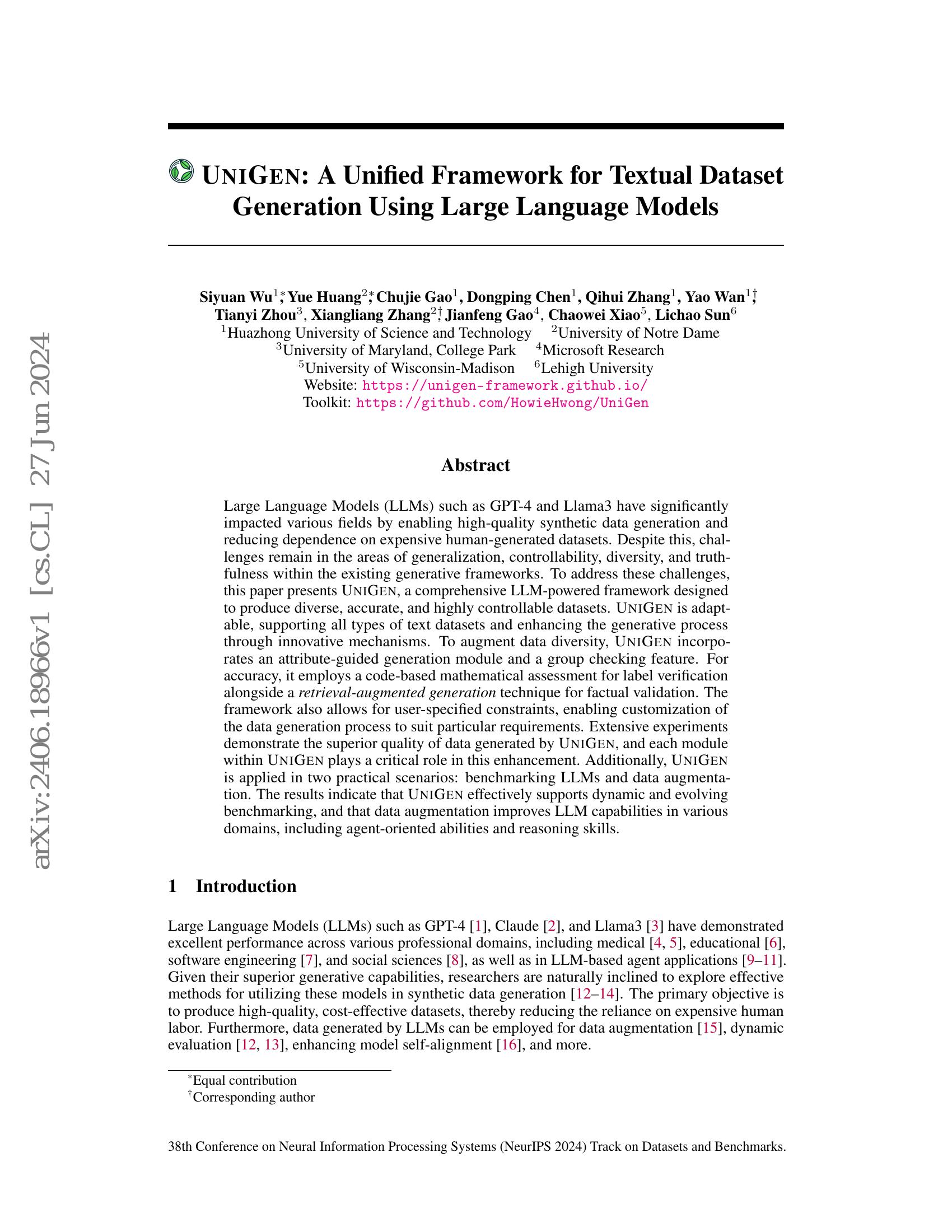 UniGen: A Unified Framework for Textual Dataset Generation Using Large Language Models - 智源社区论文