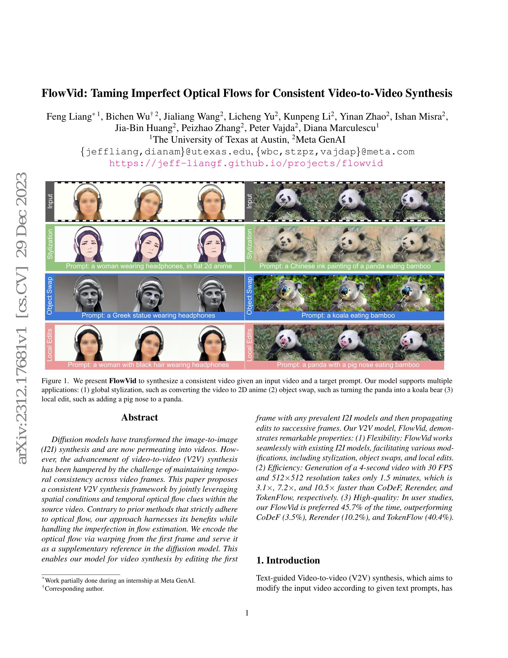 FlowVid: Taming Imperfect Optical Flows for Consistent Video-to-Video Synthesis - 智源社区论文