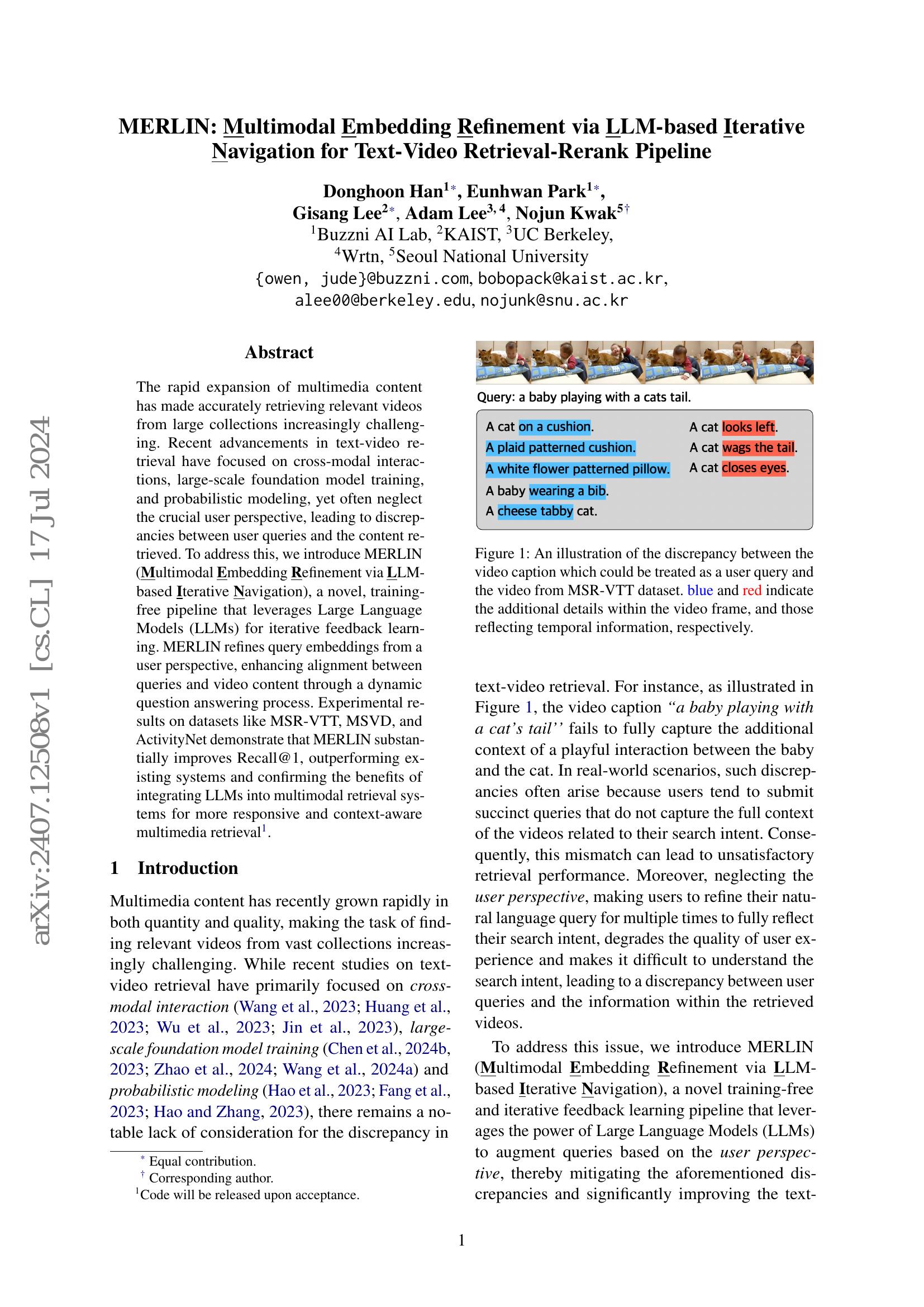 MERLIN: Multimodal Embedding Refinement via LLM-based Iterative Navigation for Text-Video ...