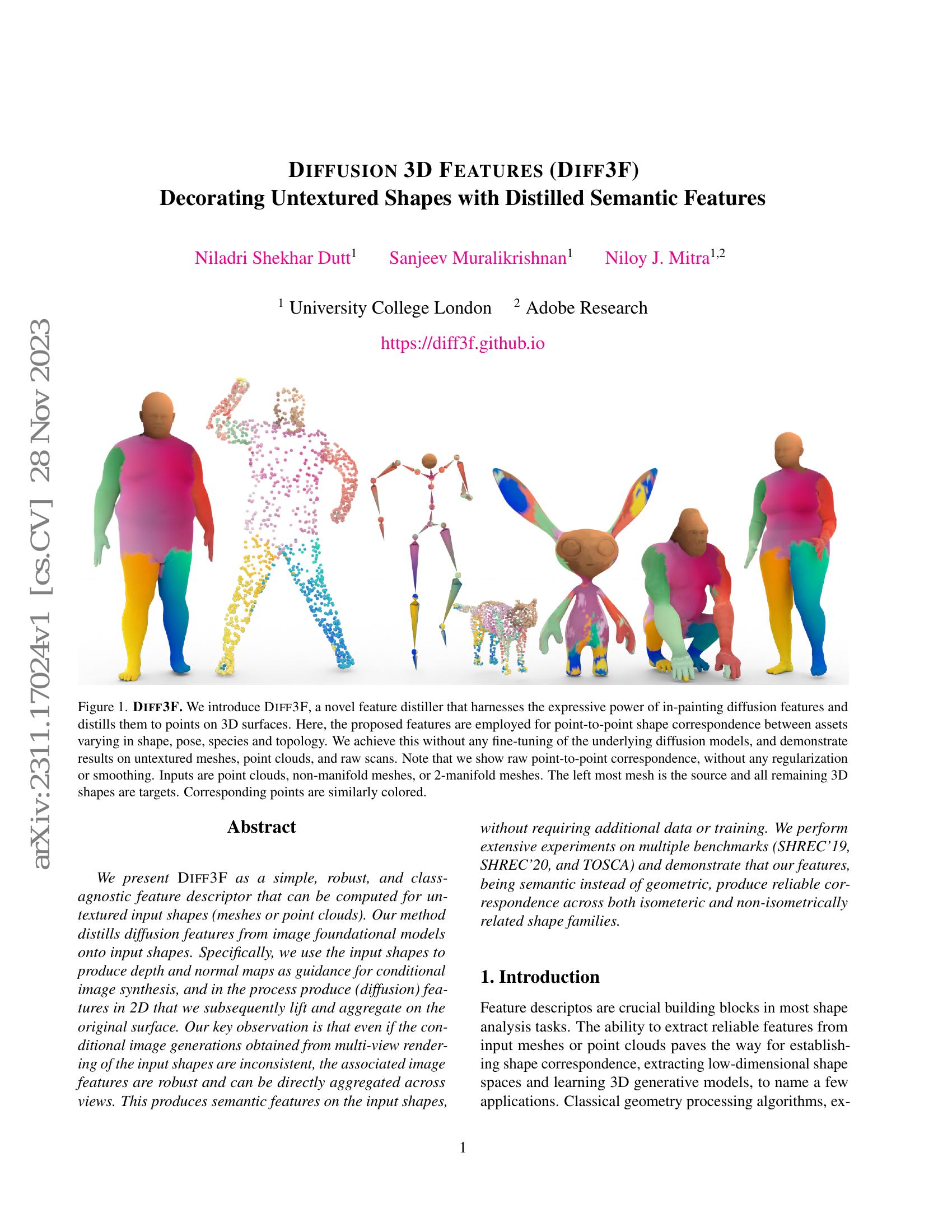 Diffusion 3D Features (Diff3F): Decorating Untextured Shapes with Distilled Semantic Features ...