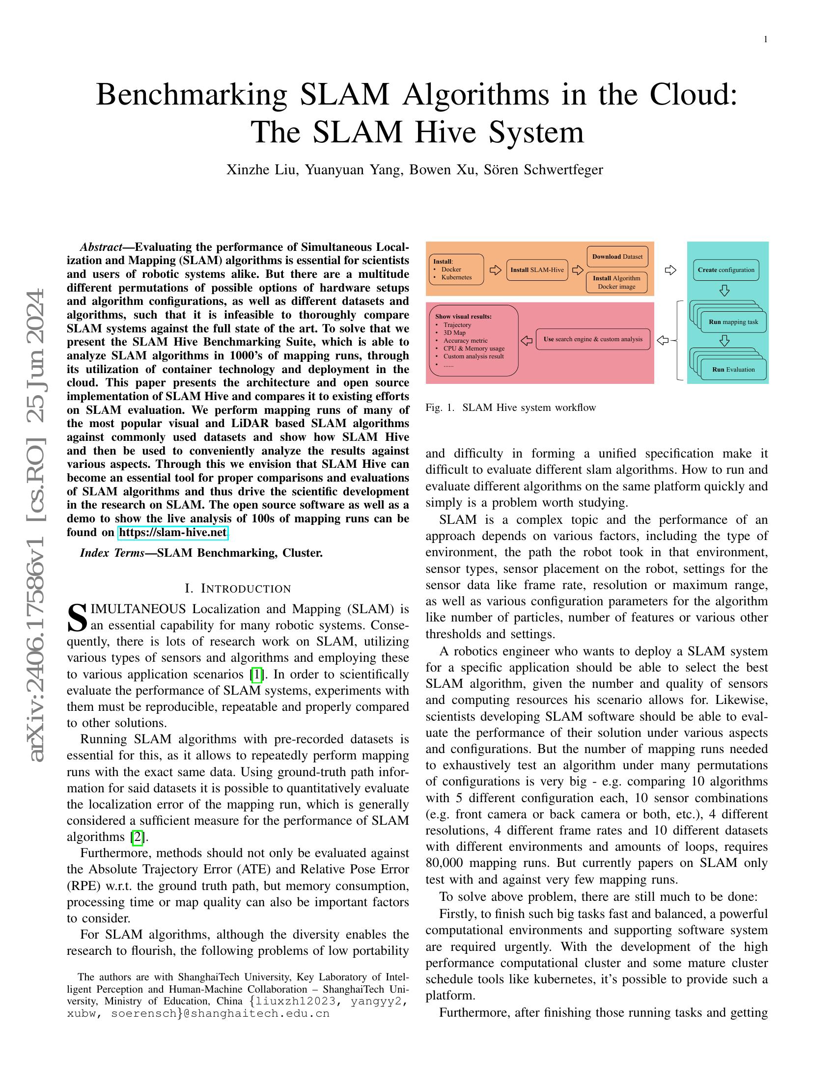 Benchmarking SLAM Algorithms in the Cloud: The SLAM Hive System - 智源社区论文