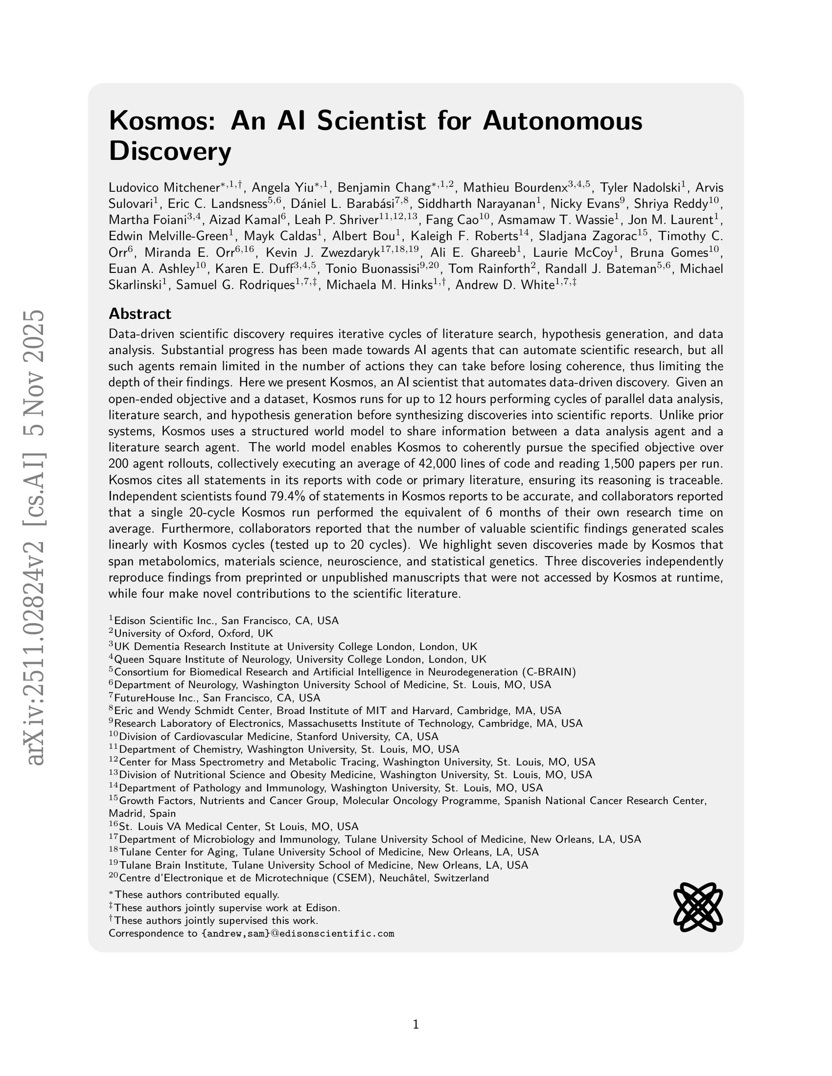 Kosmos: An AI Scientist for Autonomous Discovery - 智源社区论文