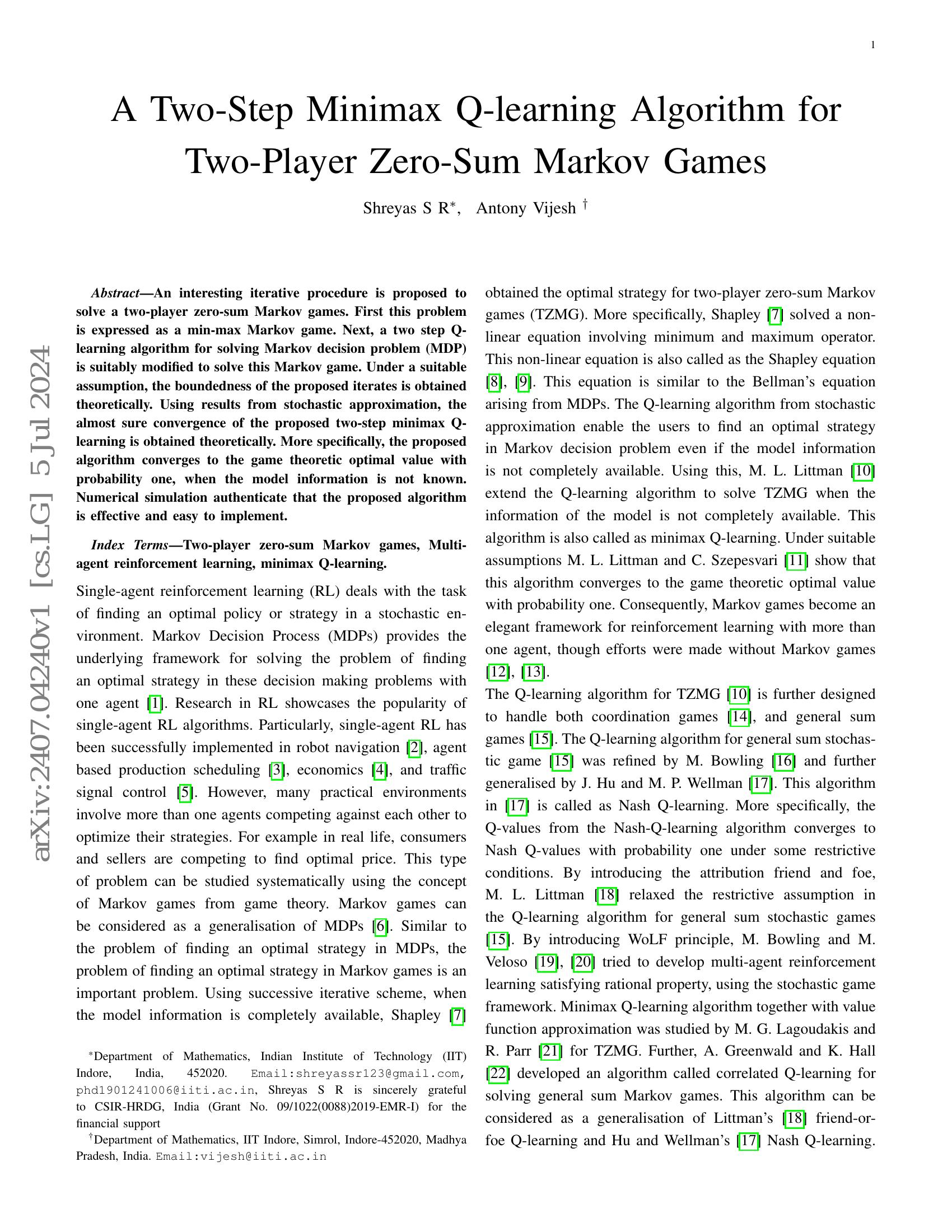 A Two-Step Minimax Q-learning Algorithm for Two-Player Zero-Sum Markov Games - 智源社区论文