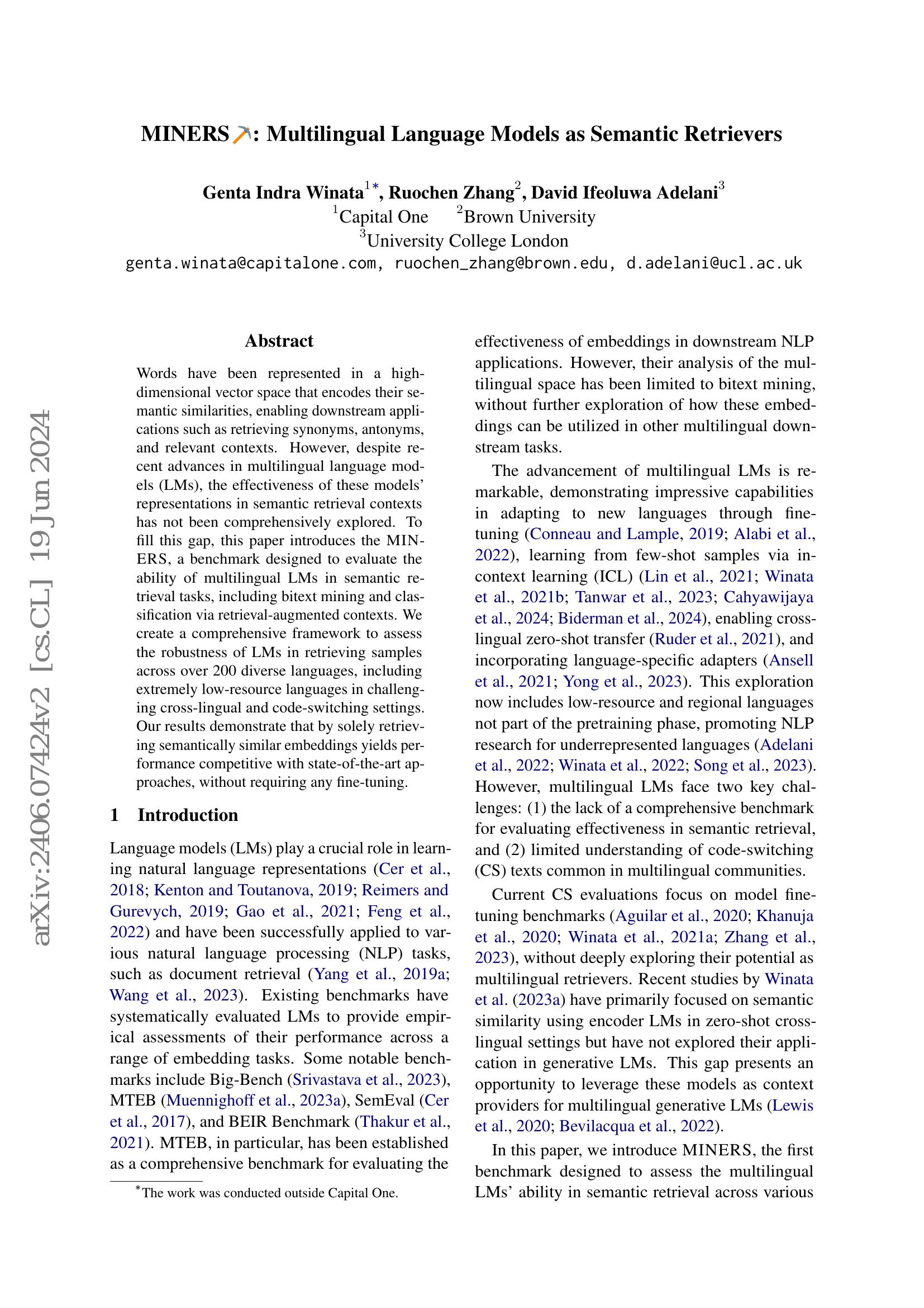 MINERS: Multilingual Language Models as Semantic Retrievers - 智源社区论文