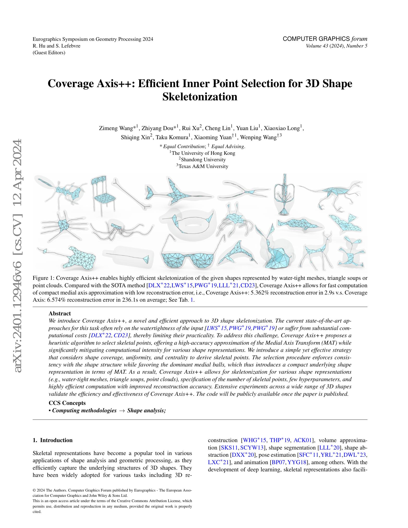 Coverage Axis++: Efficient Inner Point Selection for 3D Shape Skeletonization - 智源社区论文
