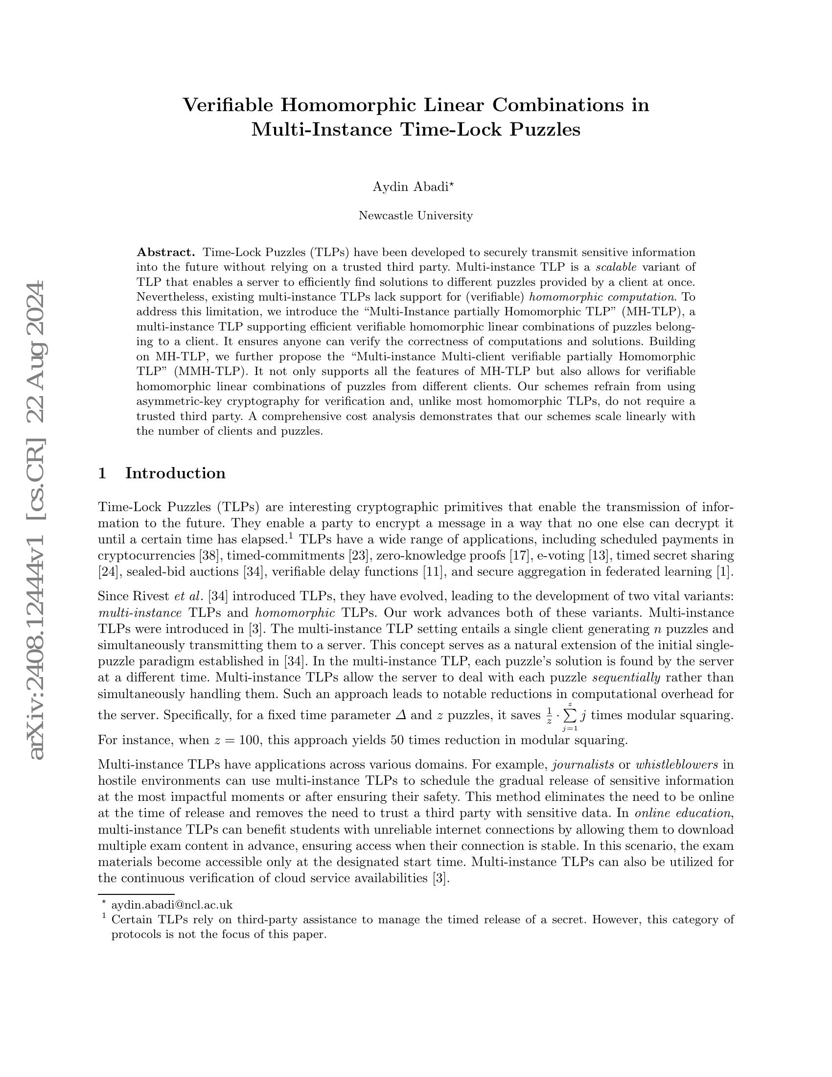 Verifiable Homomorphic Linear Combinations in Multi-Instance Time-Lock ...