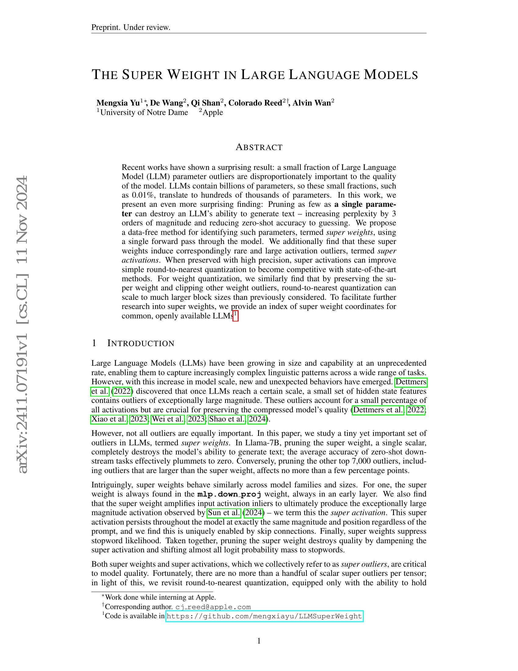 The Super Weight in Large Language Models - 智源社区论文
