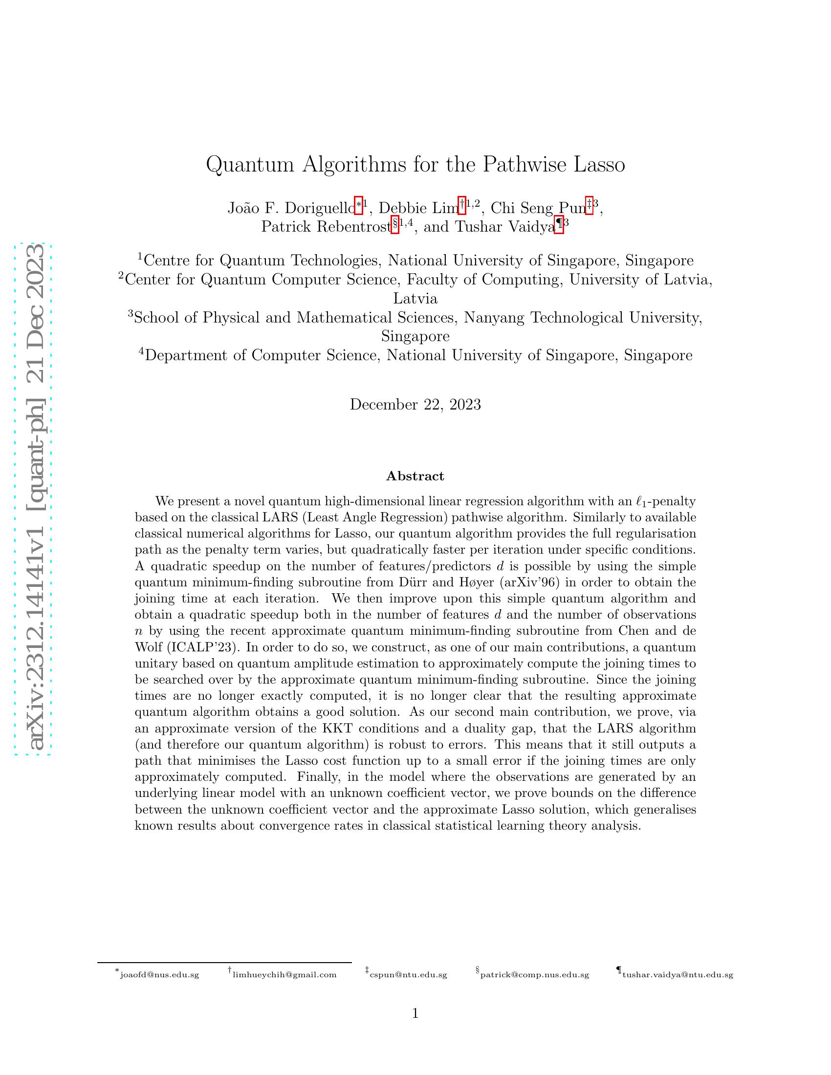 Quantum Algorithms for the Pathwise Lasso - 智源社区论文