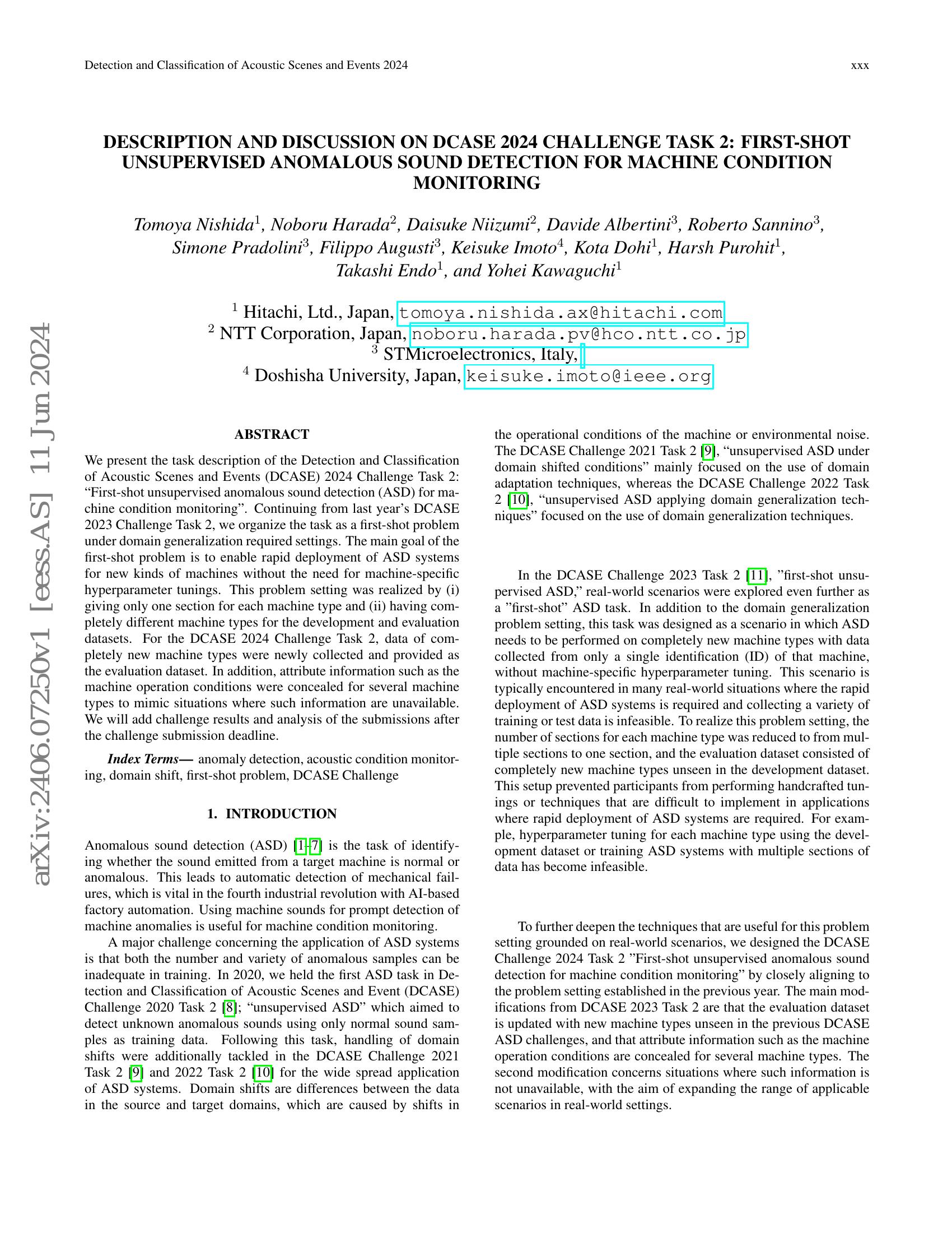 Description and Discussion on DCASE 2024 Challenge Task 2: First-Shot Unsupervised Anomalous ...