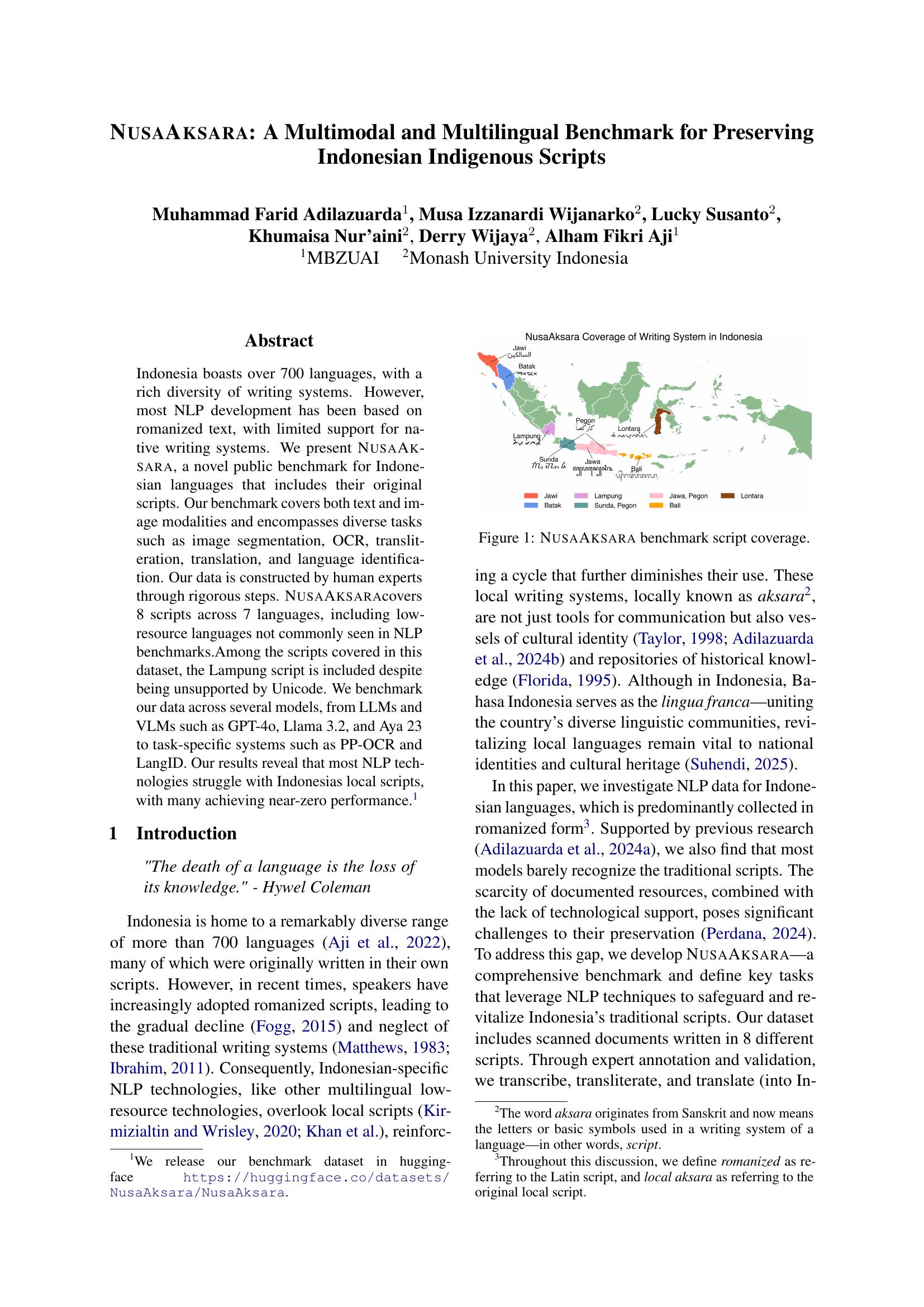 NusaAksara: A Multimodal and Multilingual Benchmark for Preserving ...