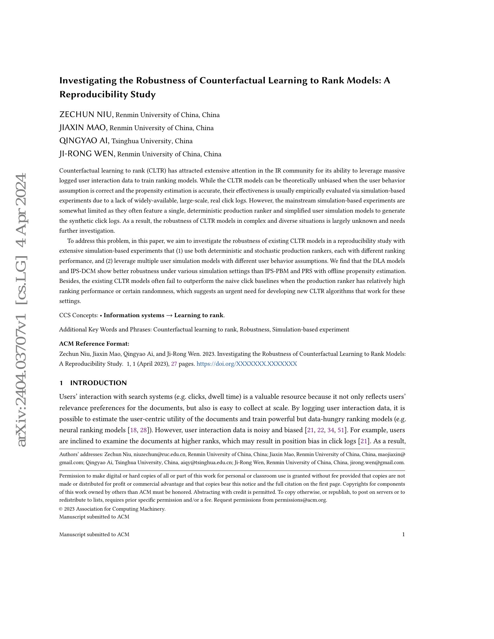Investigating the Robustness of Counterfactual Learning to Rank Models ...