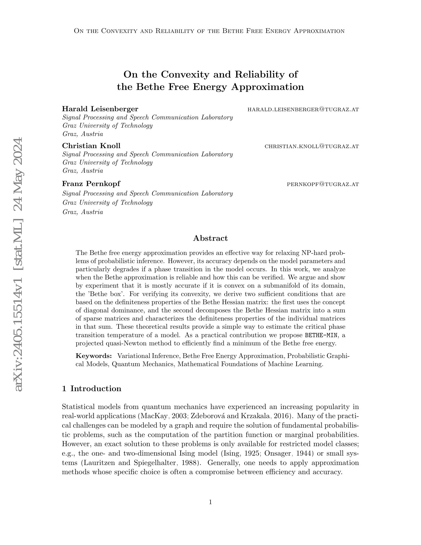 On the Convexity and Reliability of the Bethe Free Energy Approximation ...