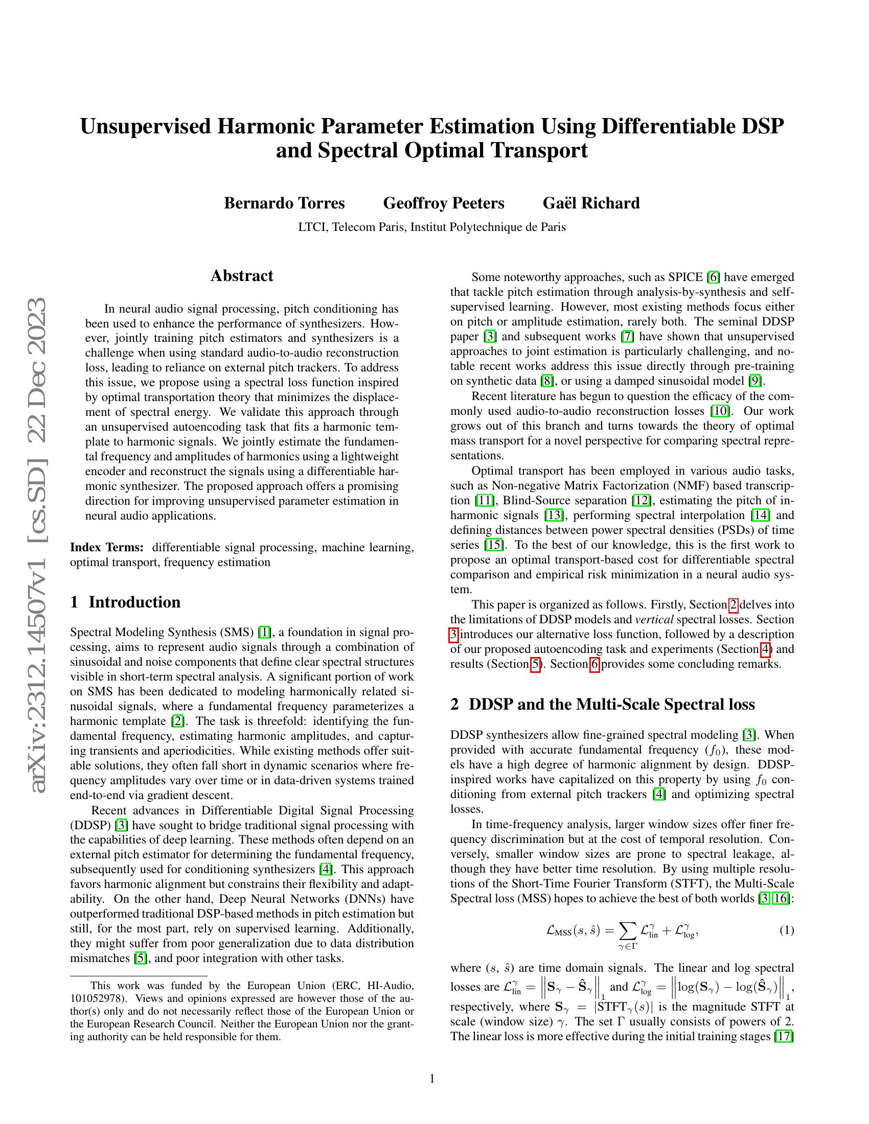 Unsupervised Harmonic Parameter Estimation Using Differentiable DSP and Spectral Optimal ...