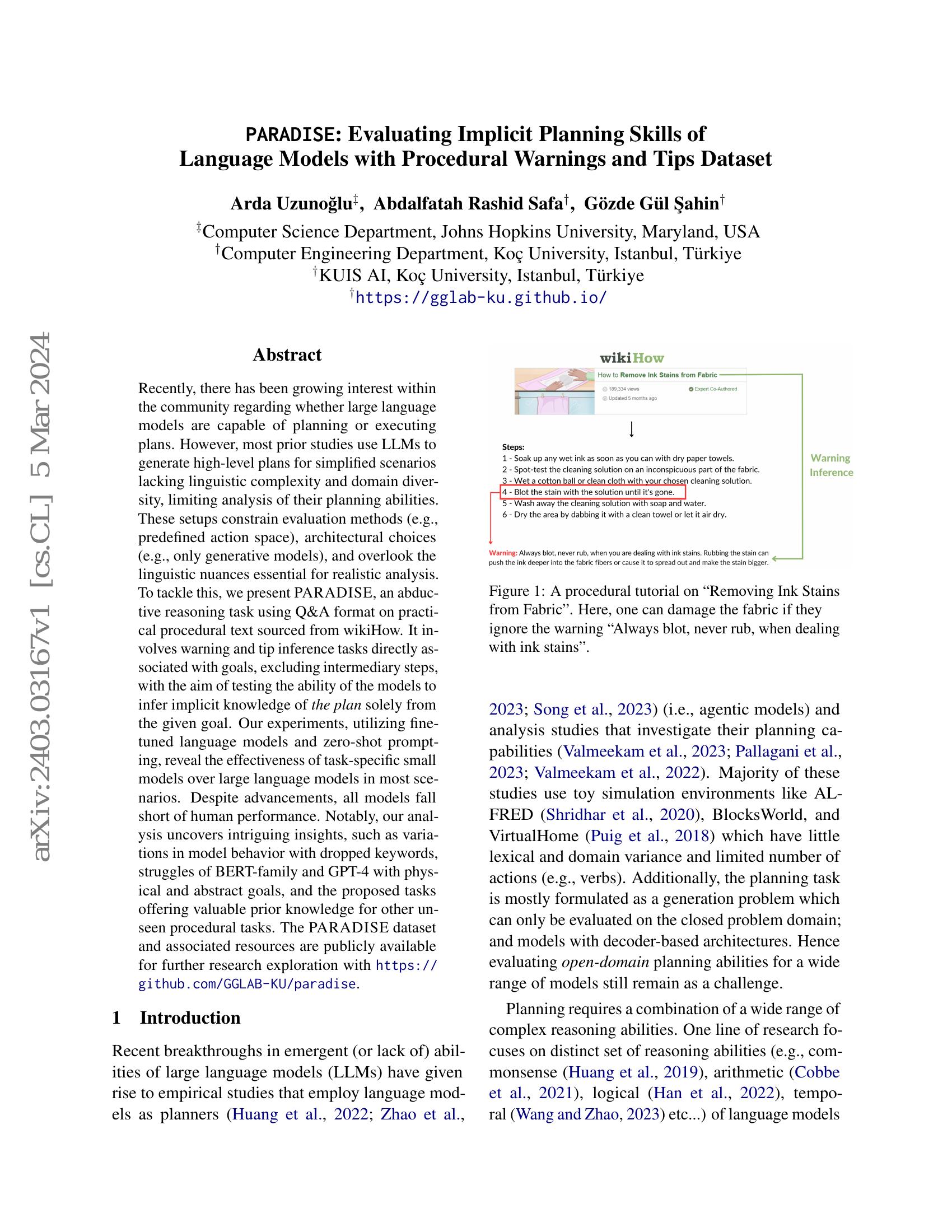 PARADISE: Evaluating Implicit Planning Skills of Language Models with Procedural Warnings and ...